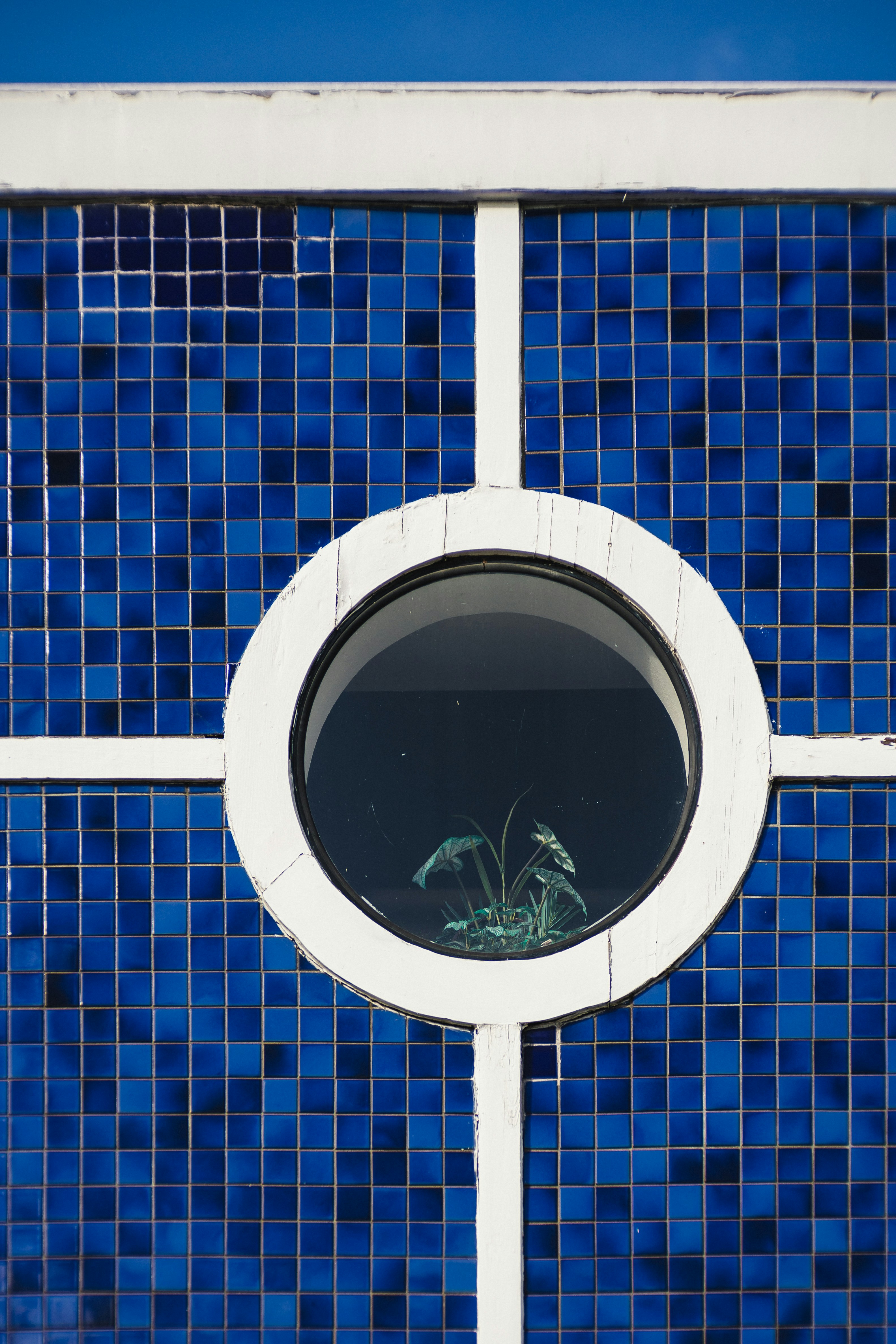 Circular window centerpiece in a grid of cobalt tiles