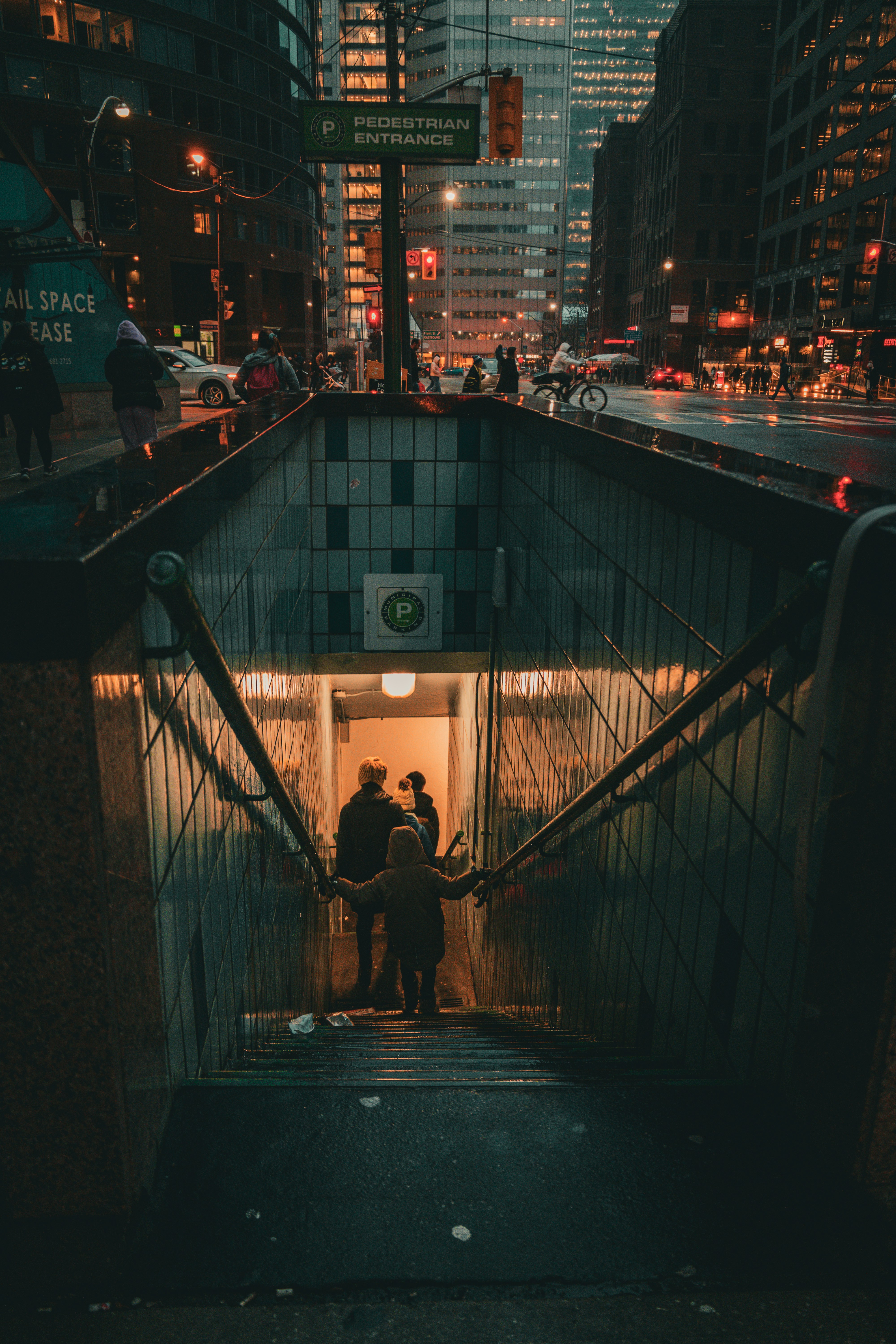 Neon Descent: Warm Light at the Subway Threshold