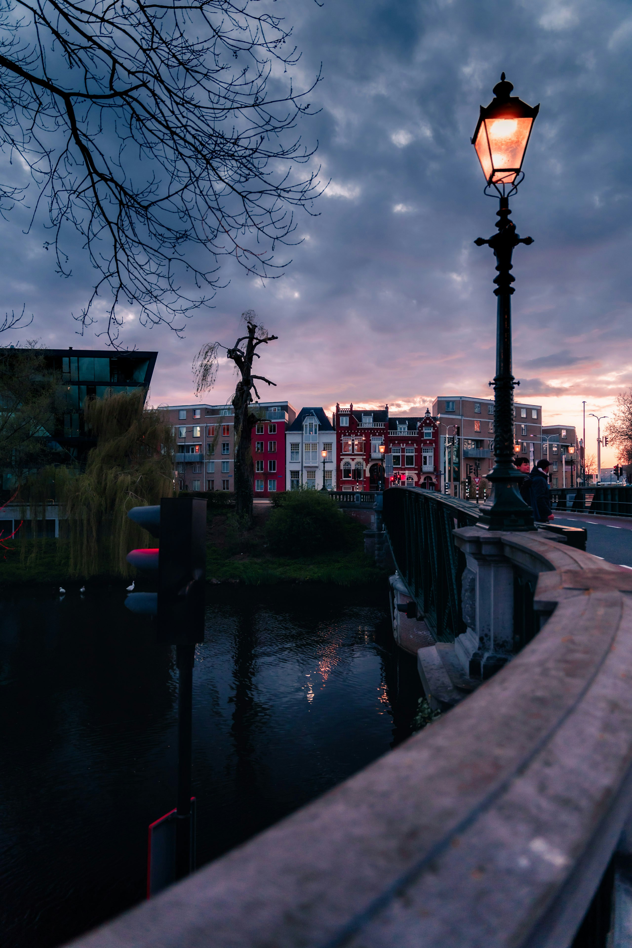 Lantern on the Riverfront Bridge: Blue Hour Cityscape