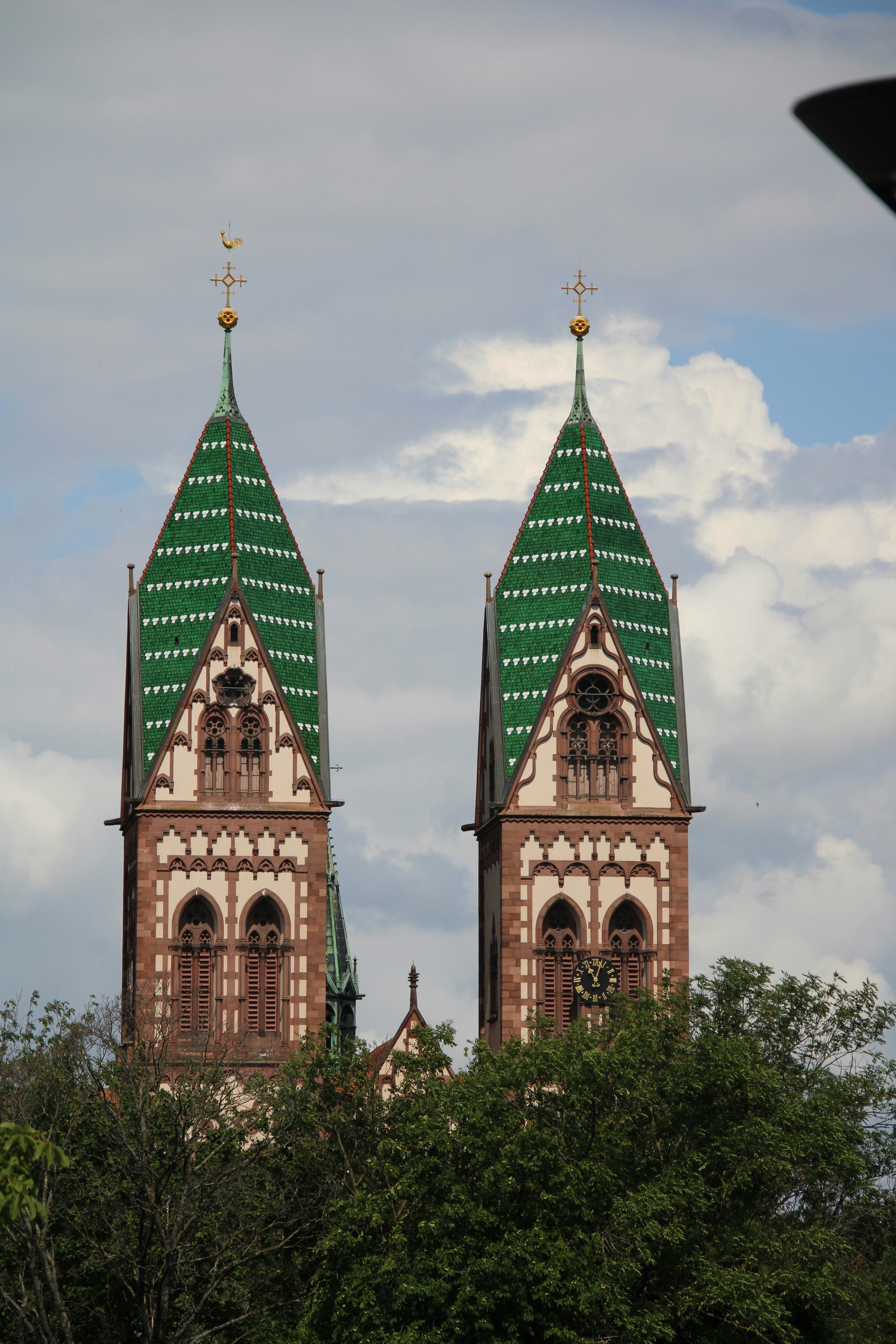 Twin Spires with Verdigris Roofs Framing a Gothic Vista