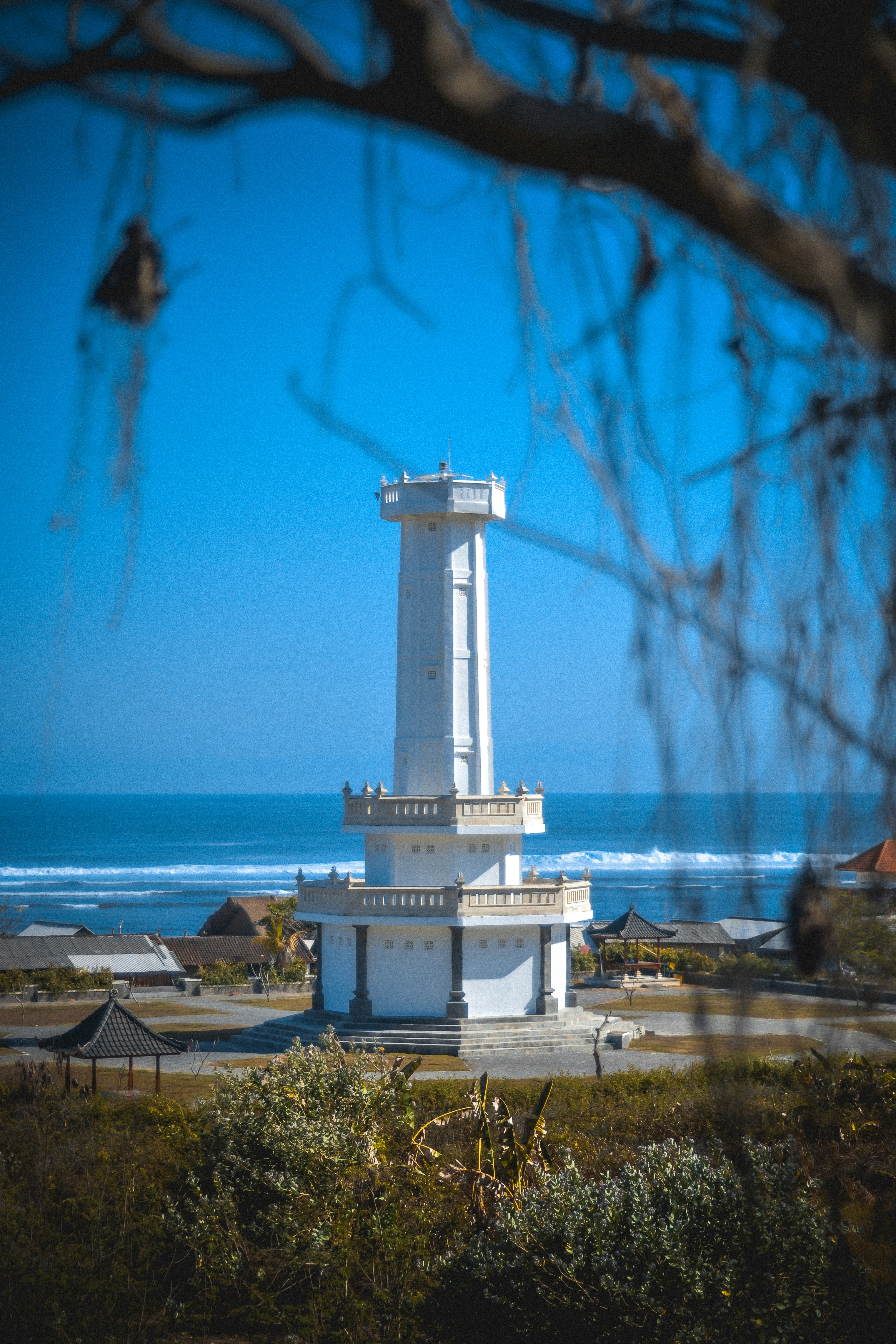 Azure Beacon Rising: Lighthouse Framed by Coastal Branches