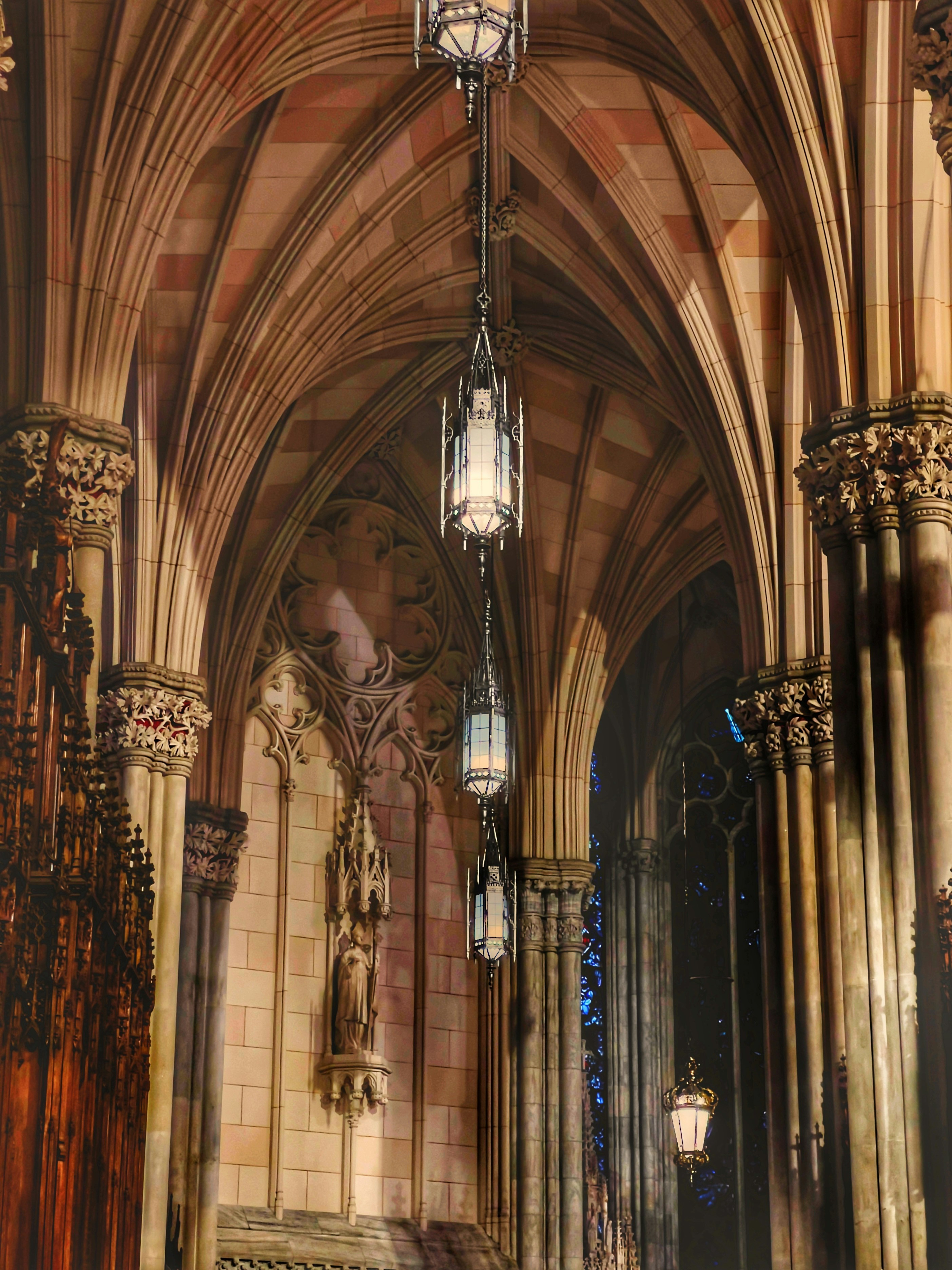 Arched Sanctum: Silent Lanterns Amid Carved Stone Columns