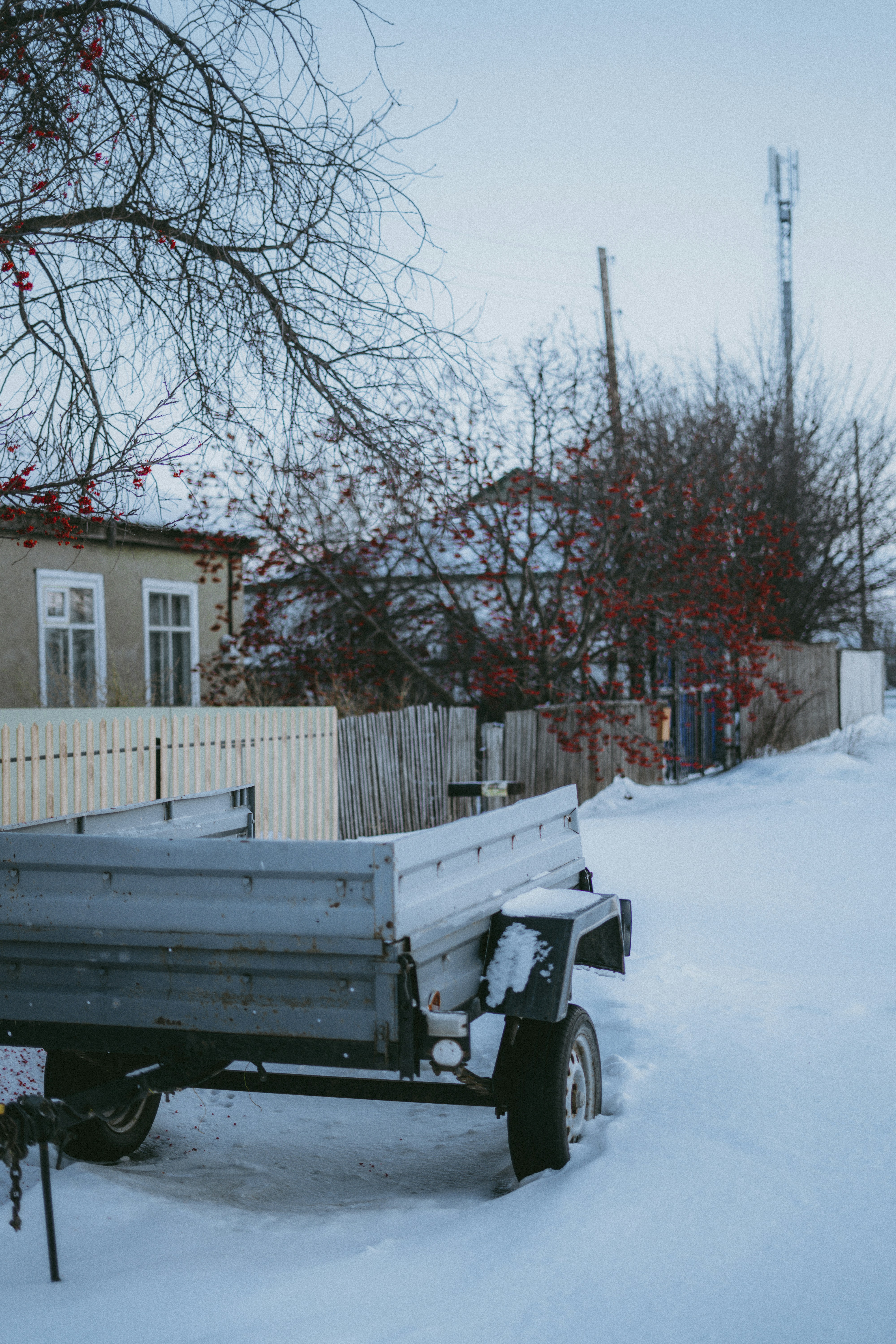 Snowbound Trailer at the Village Edge Beneath Bare Winter Trees