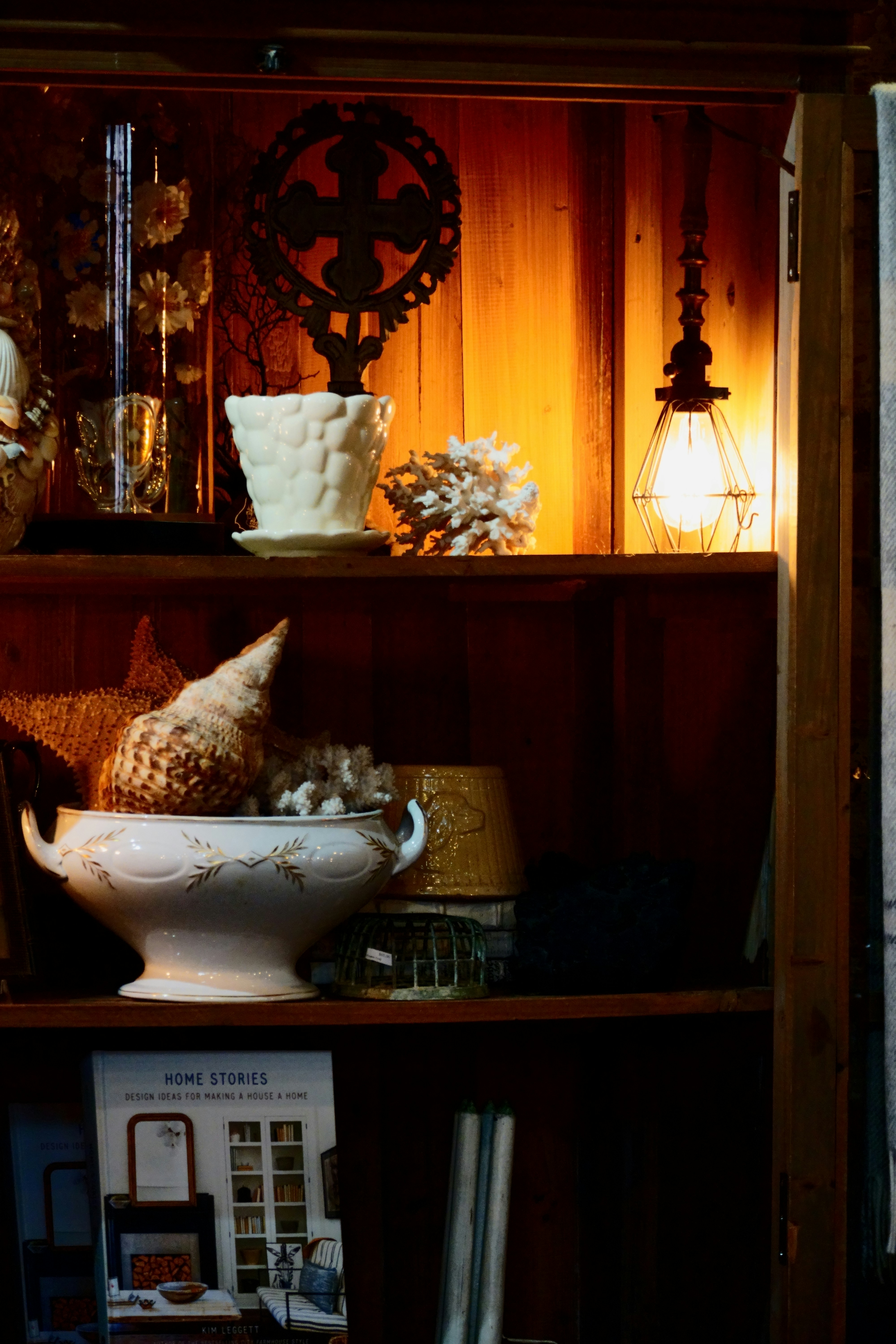 Warm Still Life on a Wooden Shelf with Ceramic Accents
