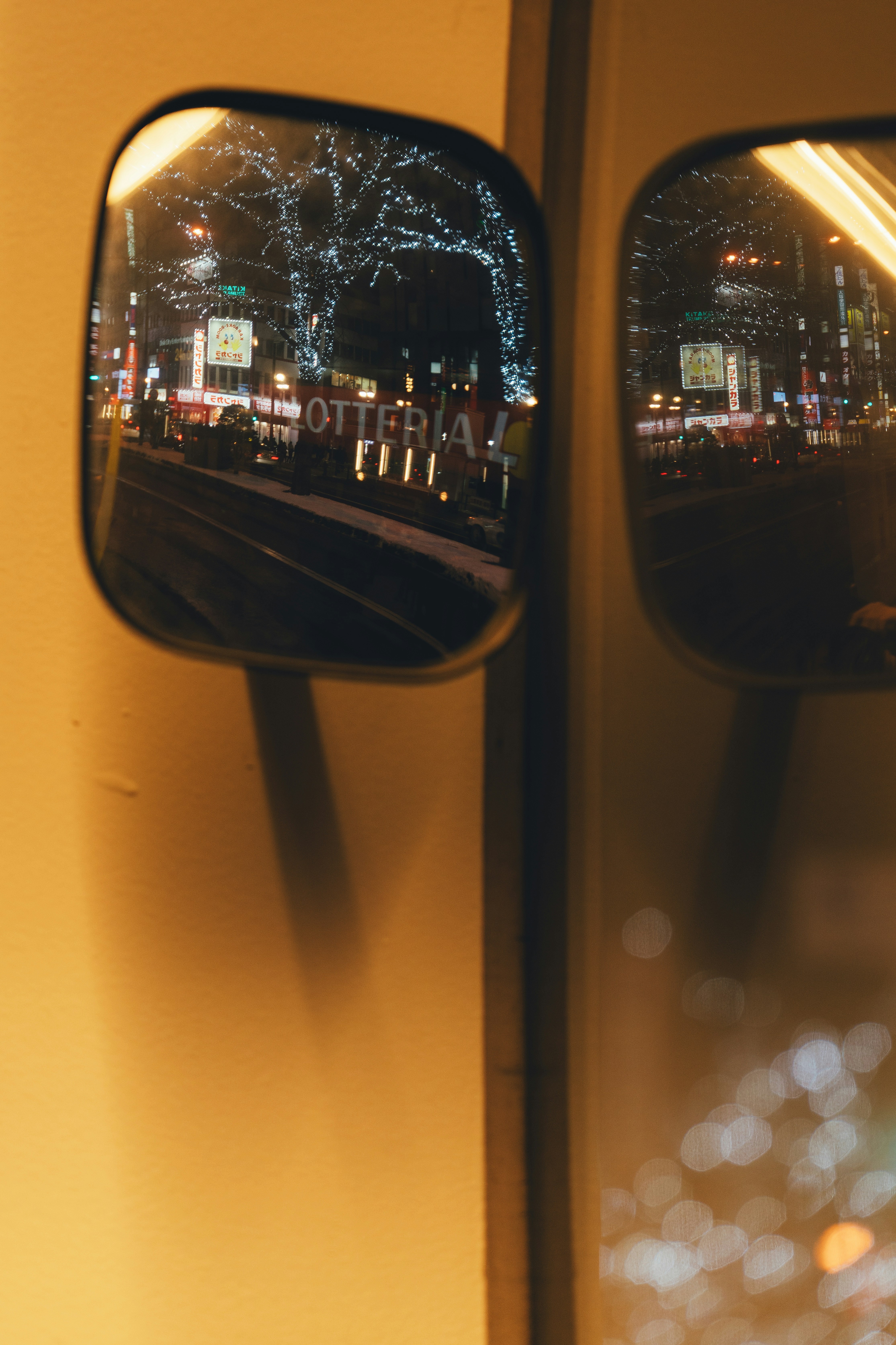 Dual Mirrors, One Night Street: Neon Trees Framing a City in Motion