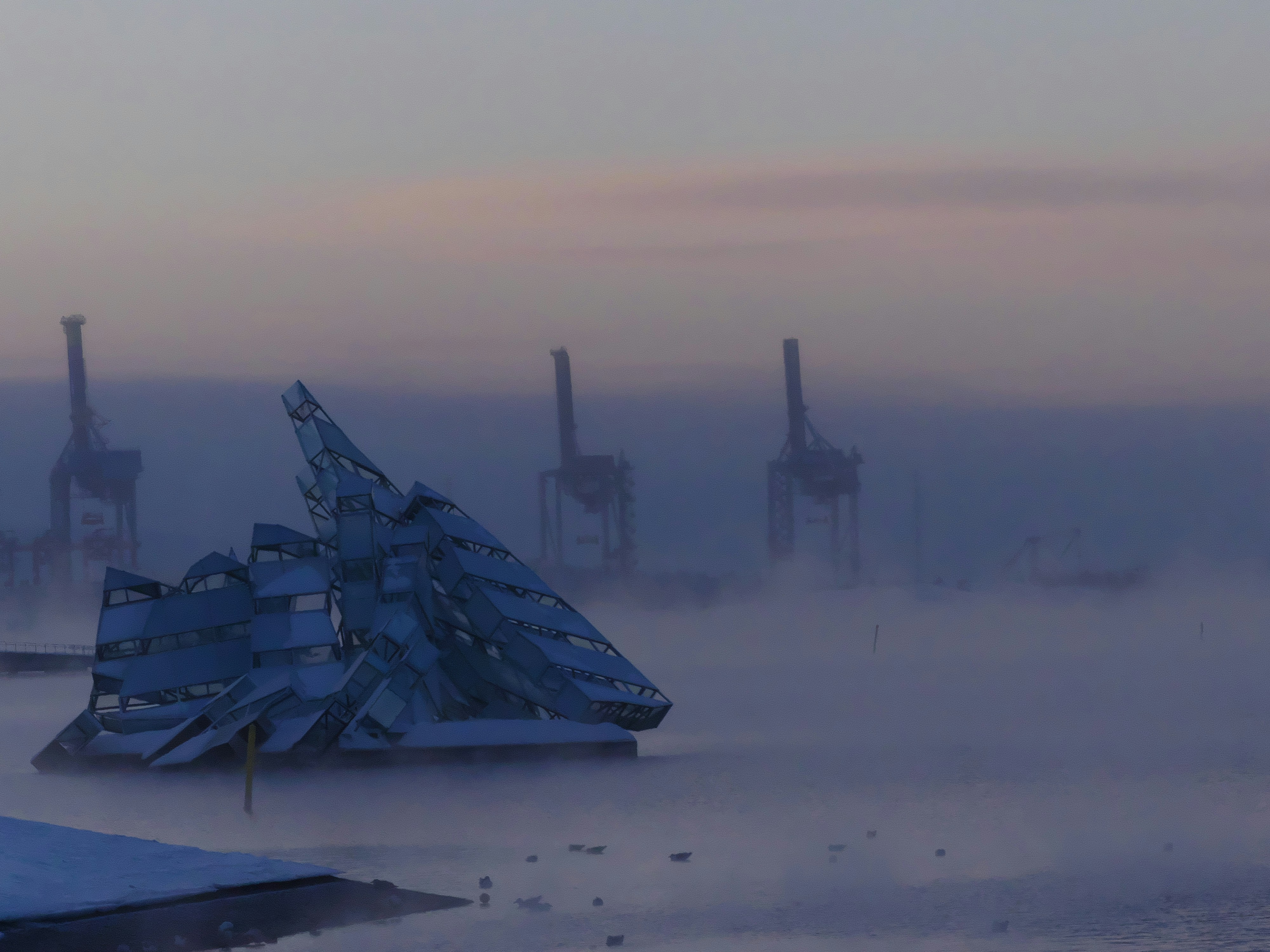 A large metal object sitting in the middle of a foggy field photo ...