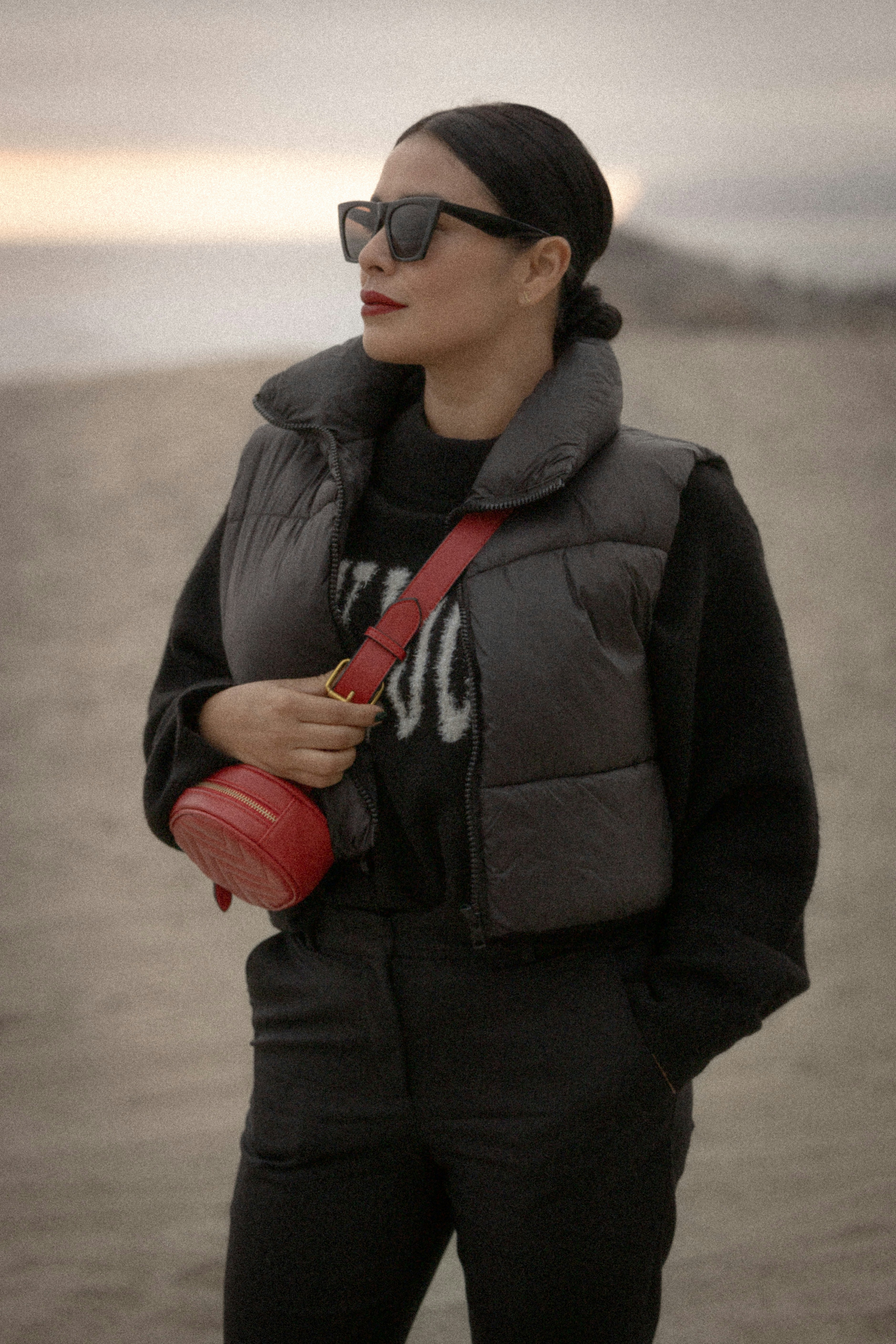 Red Strap at Dusk: A Poised Portrait on the Shore