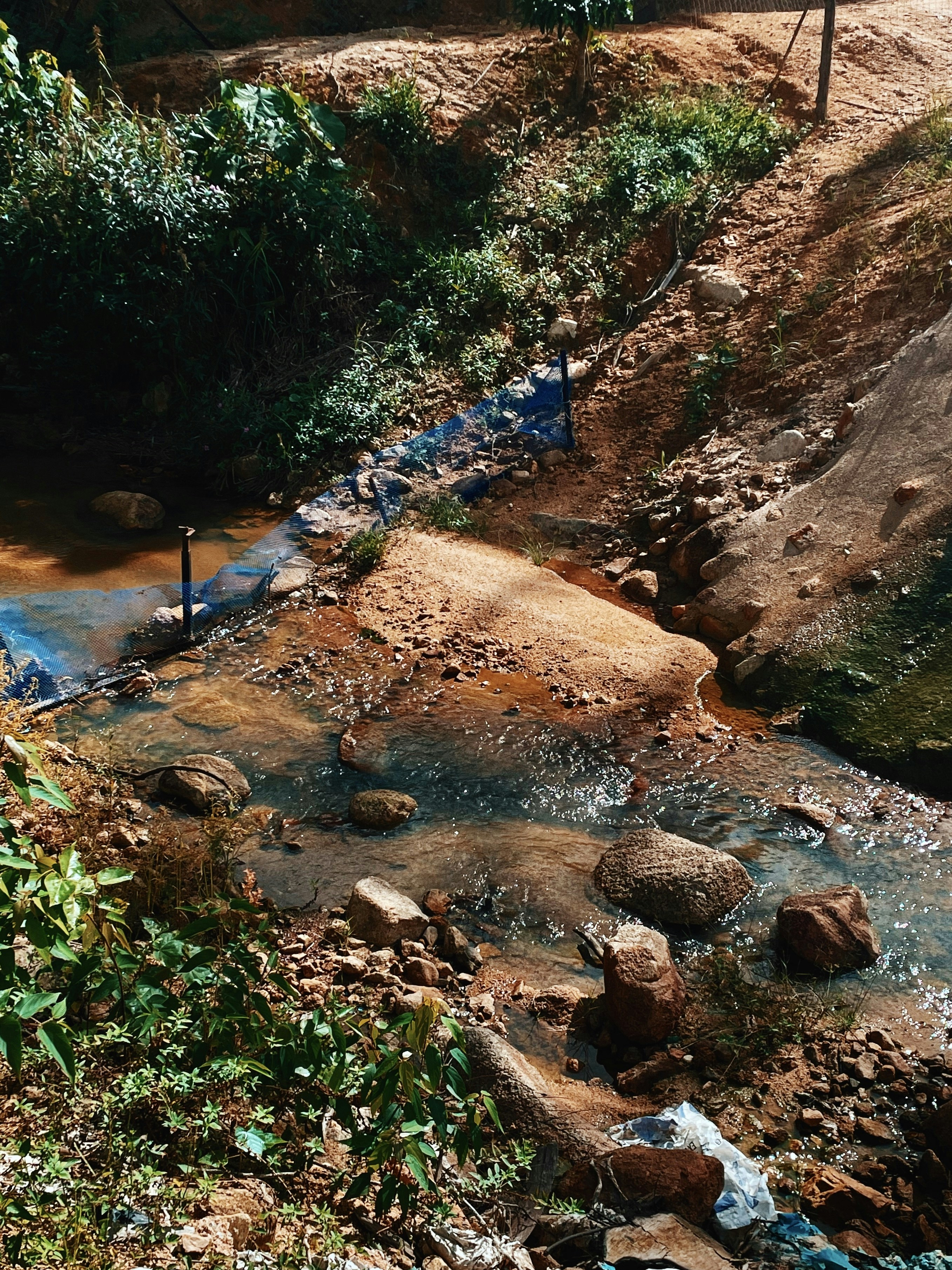 Copper-Tinted Creek Meanders Between Rusty Rocks and Greenery