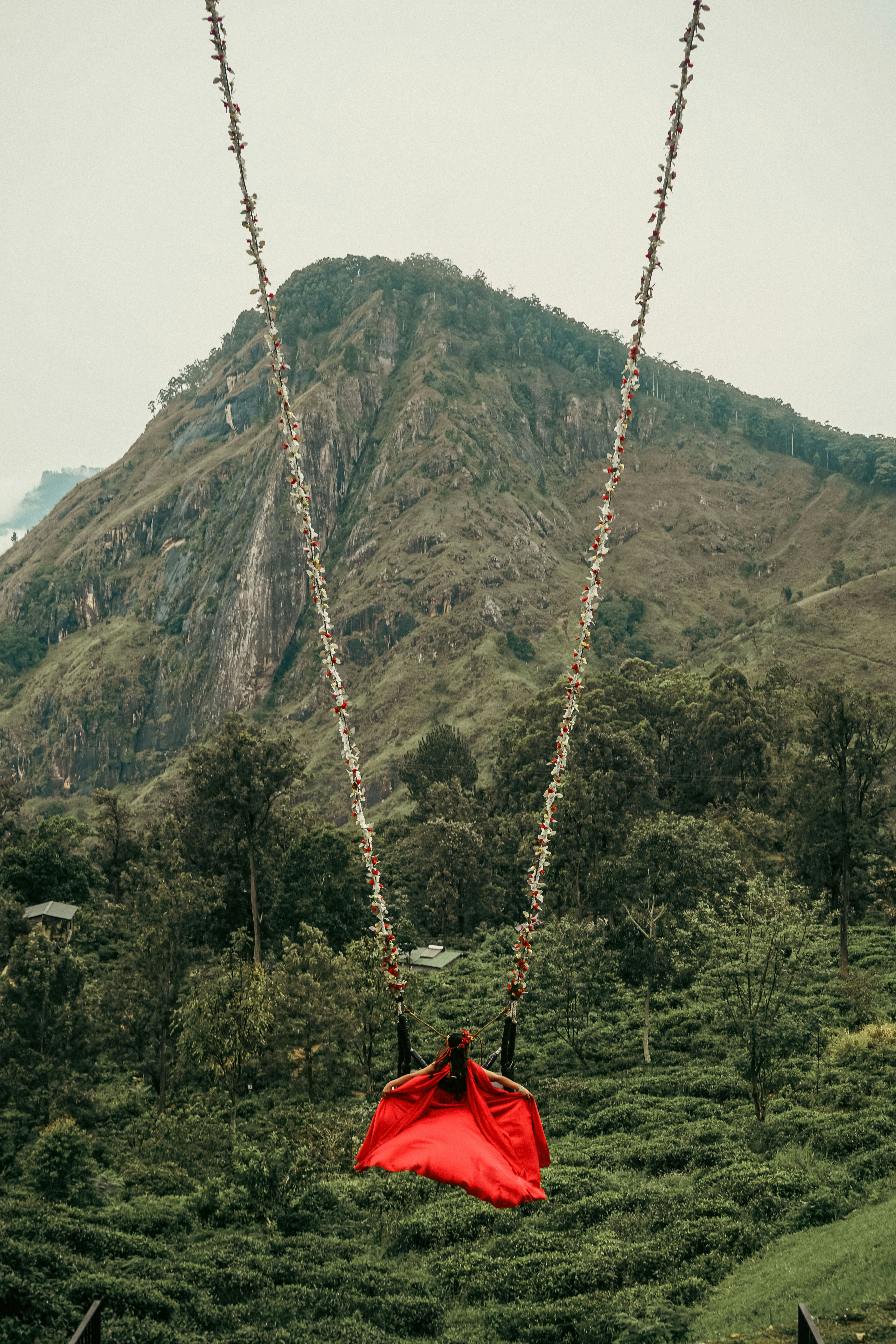 Crimson Swing Over a Verdant Valley Beneath a Rugged Granite Peak