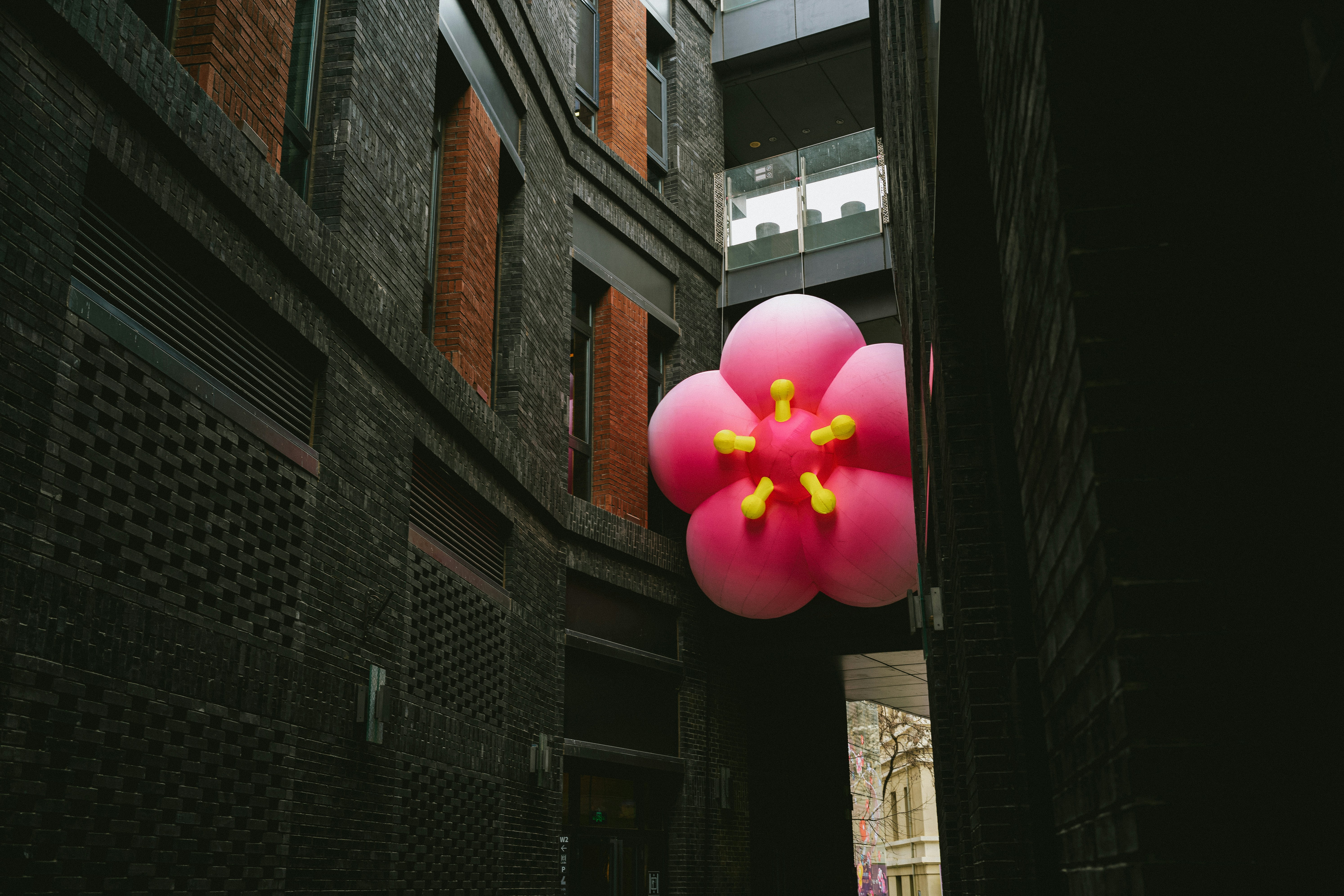 Floating Balloon Bloom in a Narrow Brick Alley
