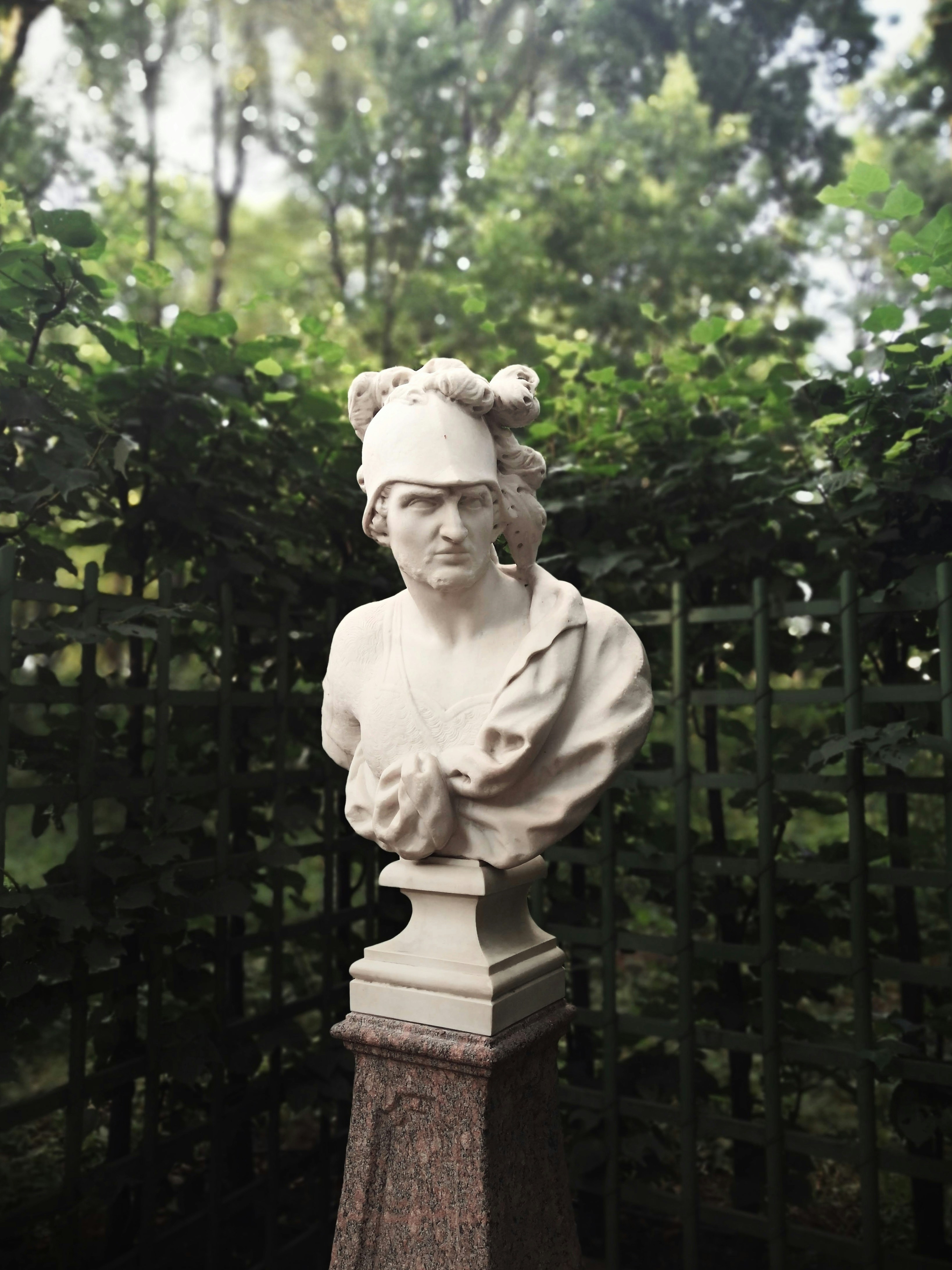 Marble Bust Guarding a Verdant Lattice in Soft Garden Light