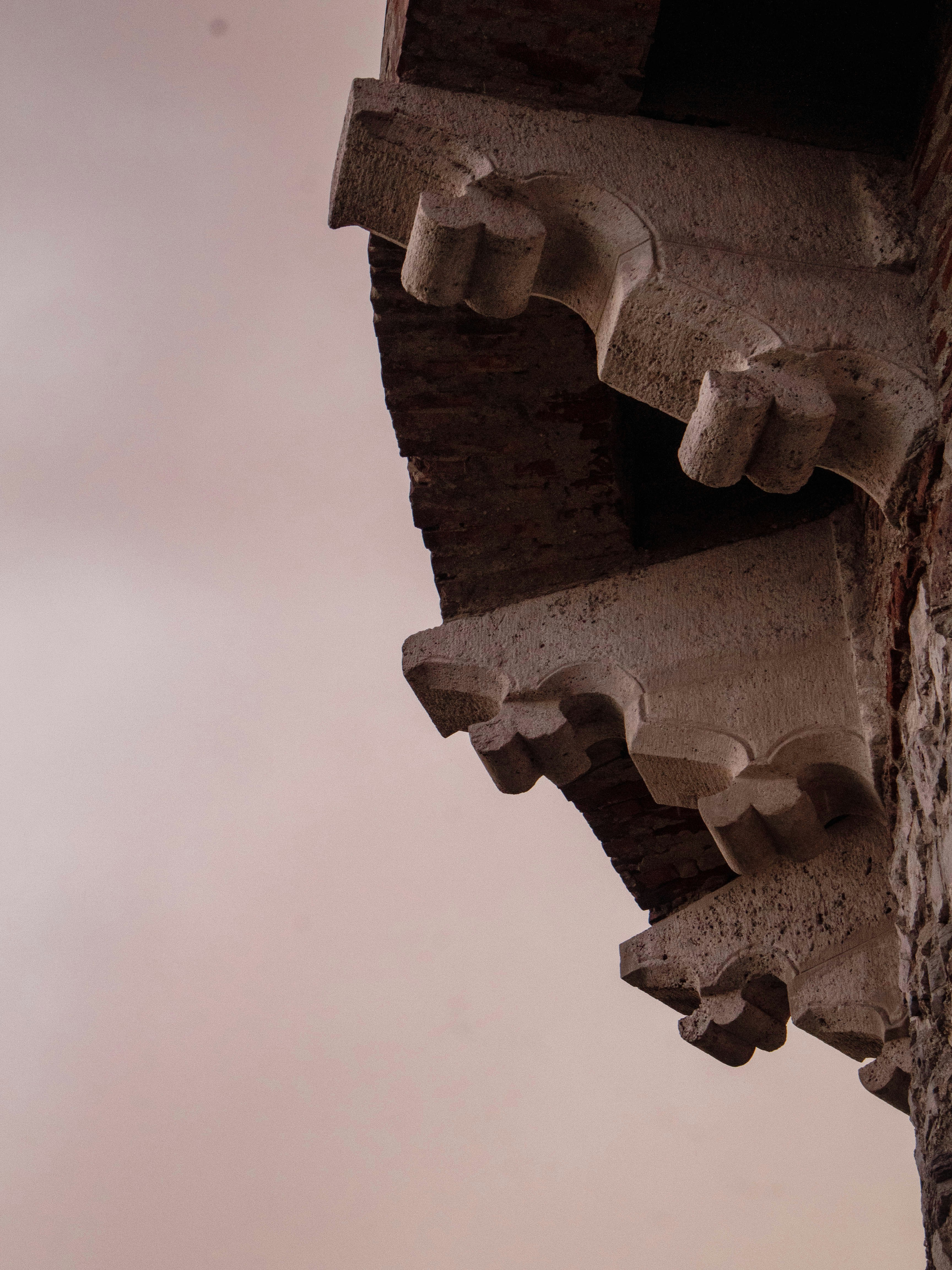 Twilight Carvings: Close-Up of Stone Corbels Against a Pink Sky