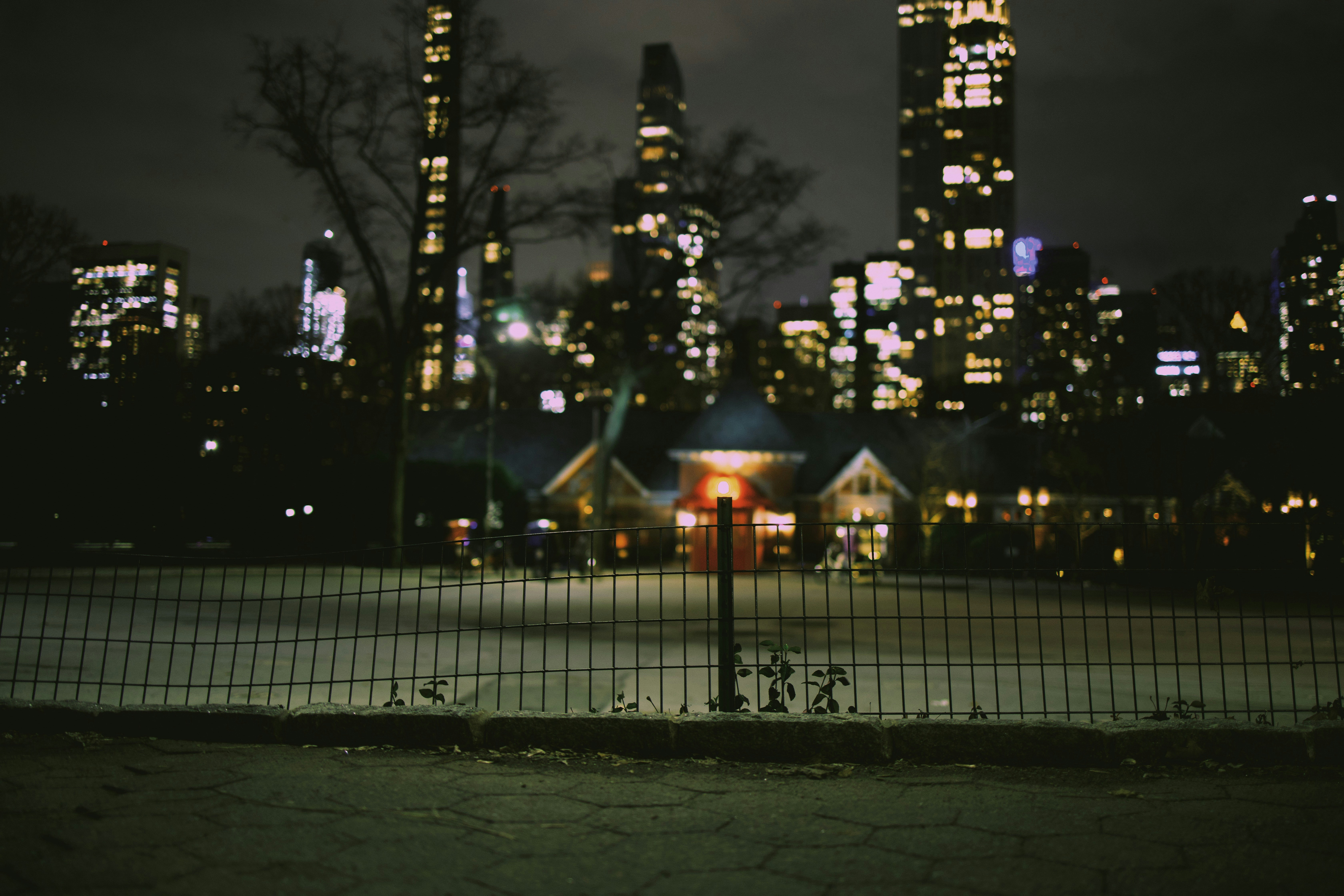 Lantern in Snow: Quiet Park Framed by a Glowing City Skyline