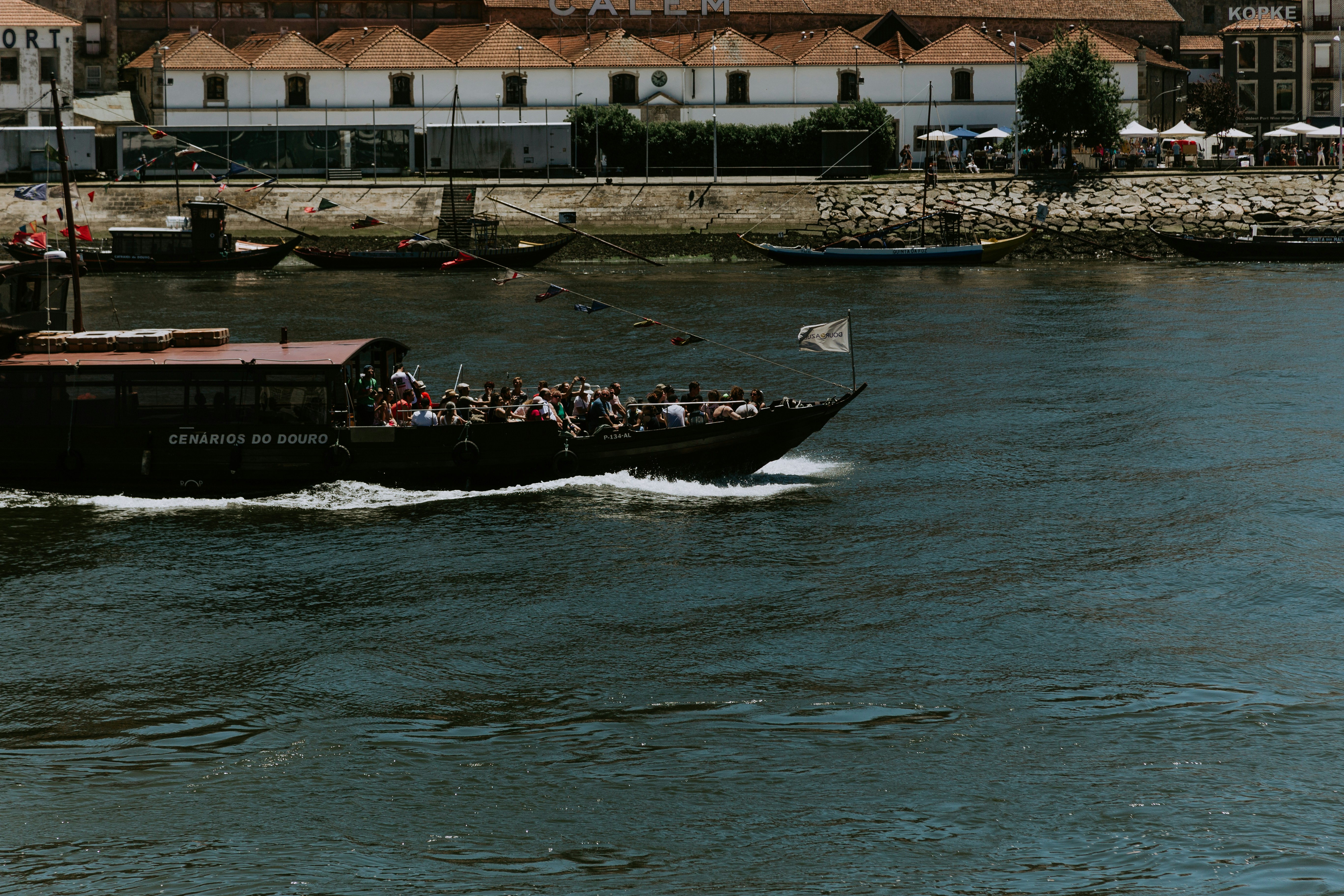 Tour boat cruising along a river with a historic town in the background.