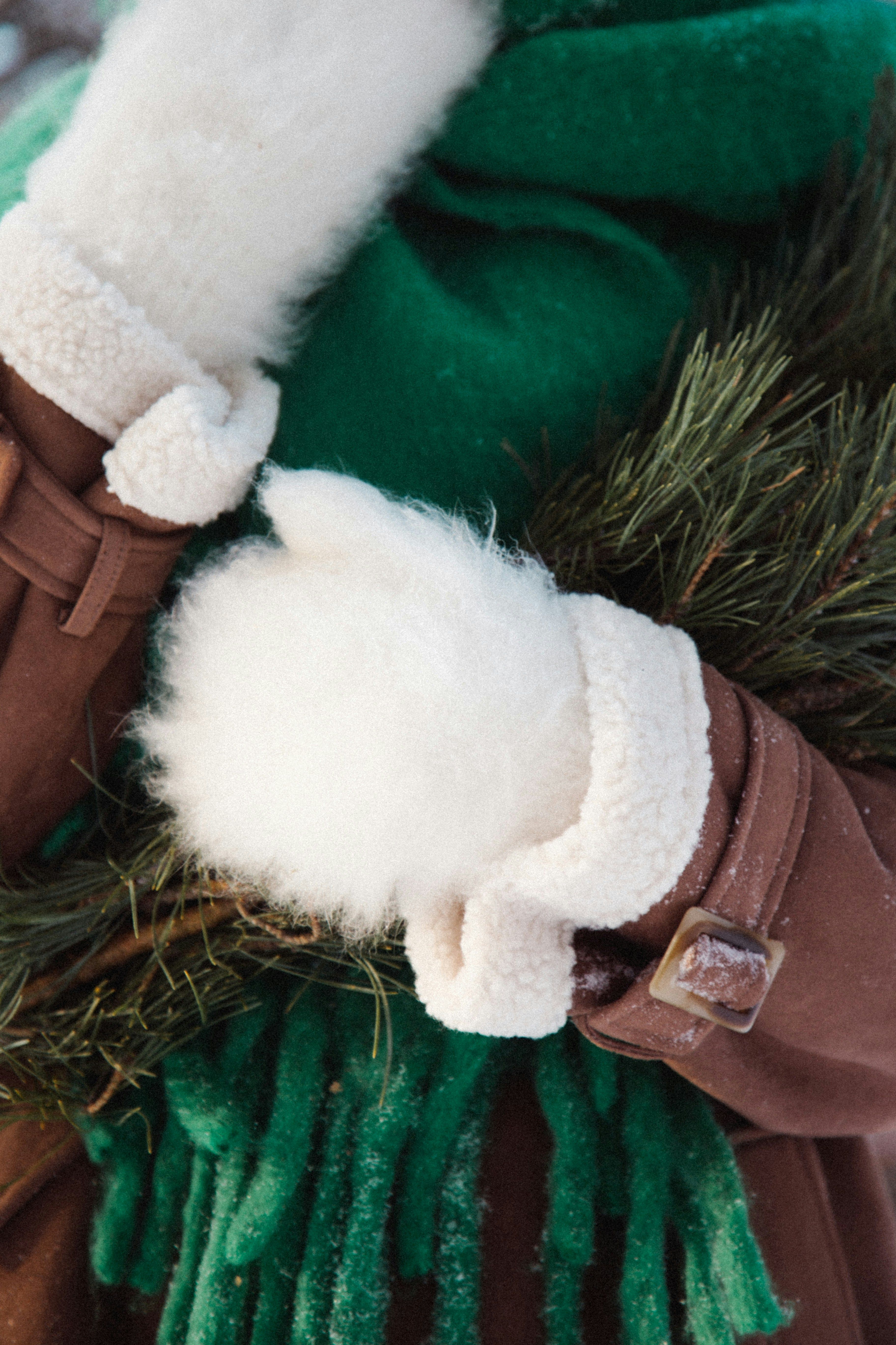 Winter Coat and Burlap Glove Contrast with Snowy Cuffs