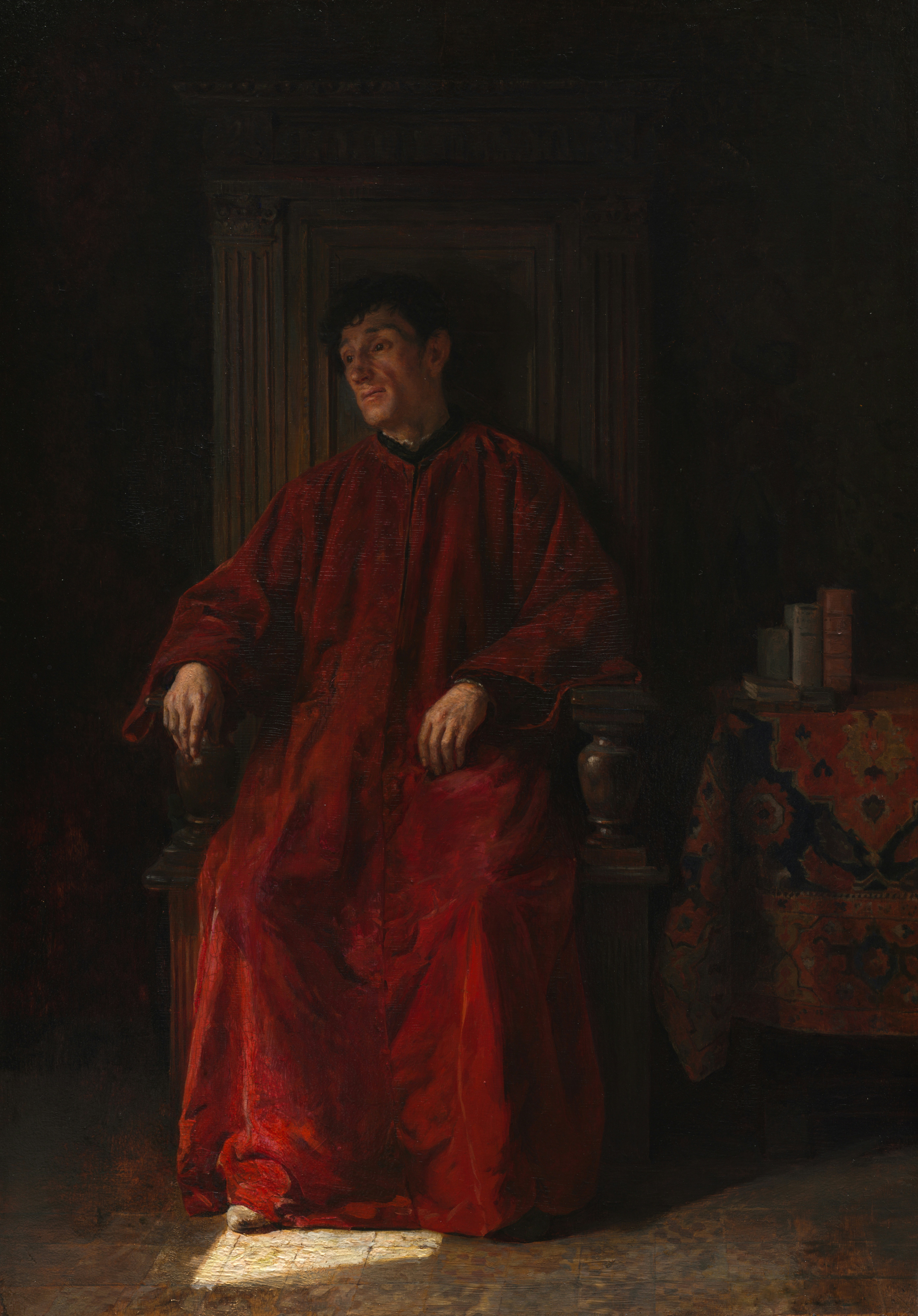 Oil painting of a man in a voluminous red robe seated in a dim interior, illuminated by a beam of light from the lower left, emphasizing his regal posture.