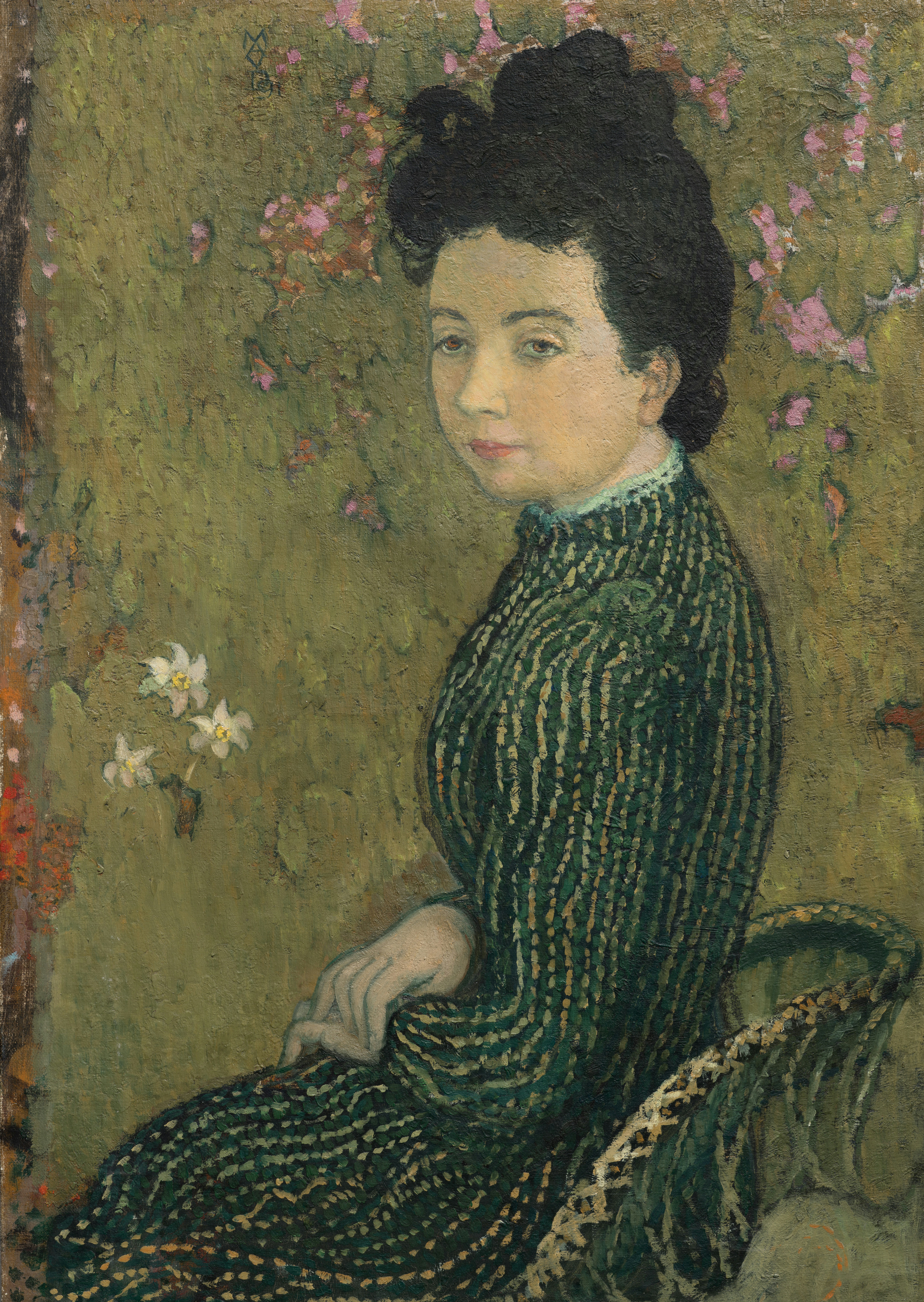 A young woman in a green dress gazes thoughtfully over her shoulder, set against a textured floral backdrop. The artwork captures a moment of serene introspection.