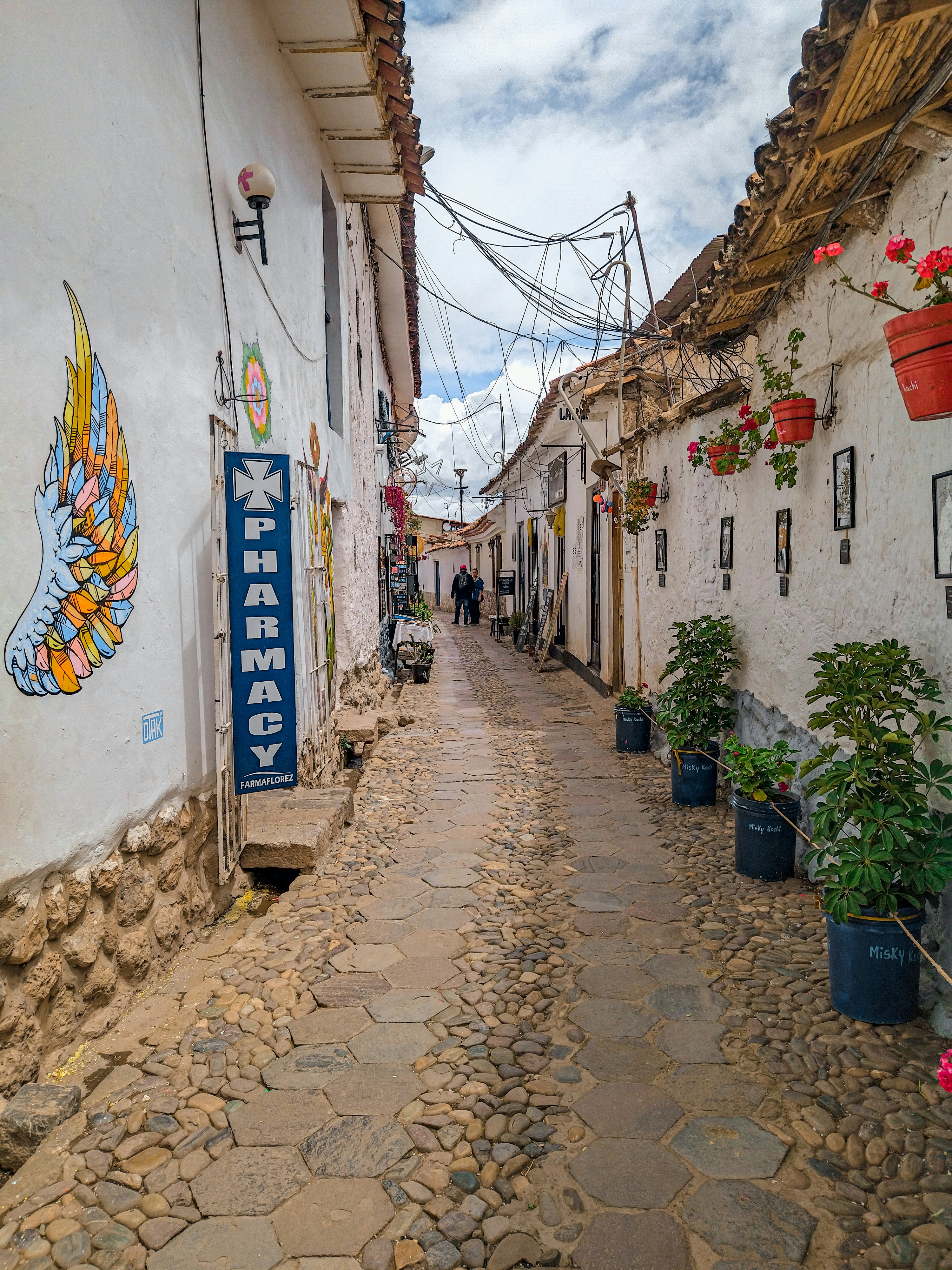 Narrow cobblestone alley flanked by whitewashed walls, a colorful wing mural on the left, and potted plants along the right, with distant figures receding toward a vanishing point.