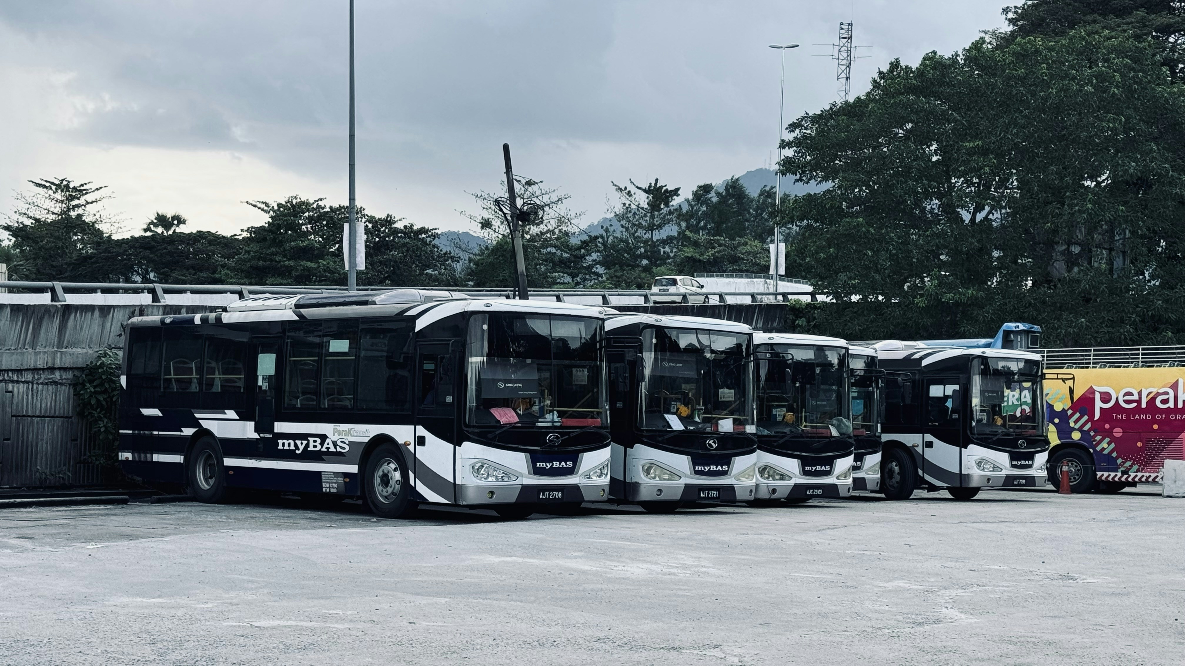 Row of buses aligned in a parking area under a cloudy sky.