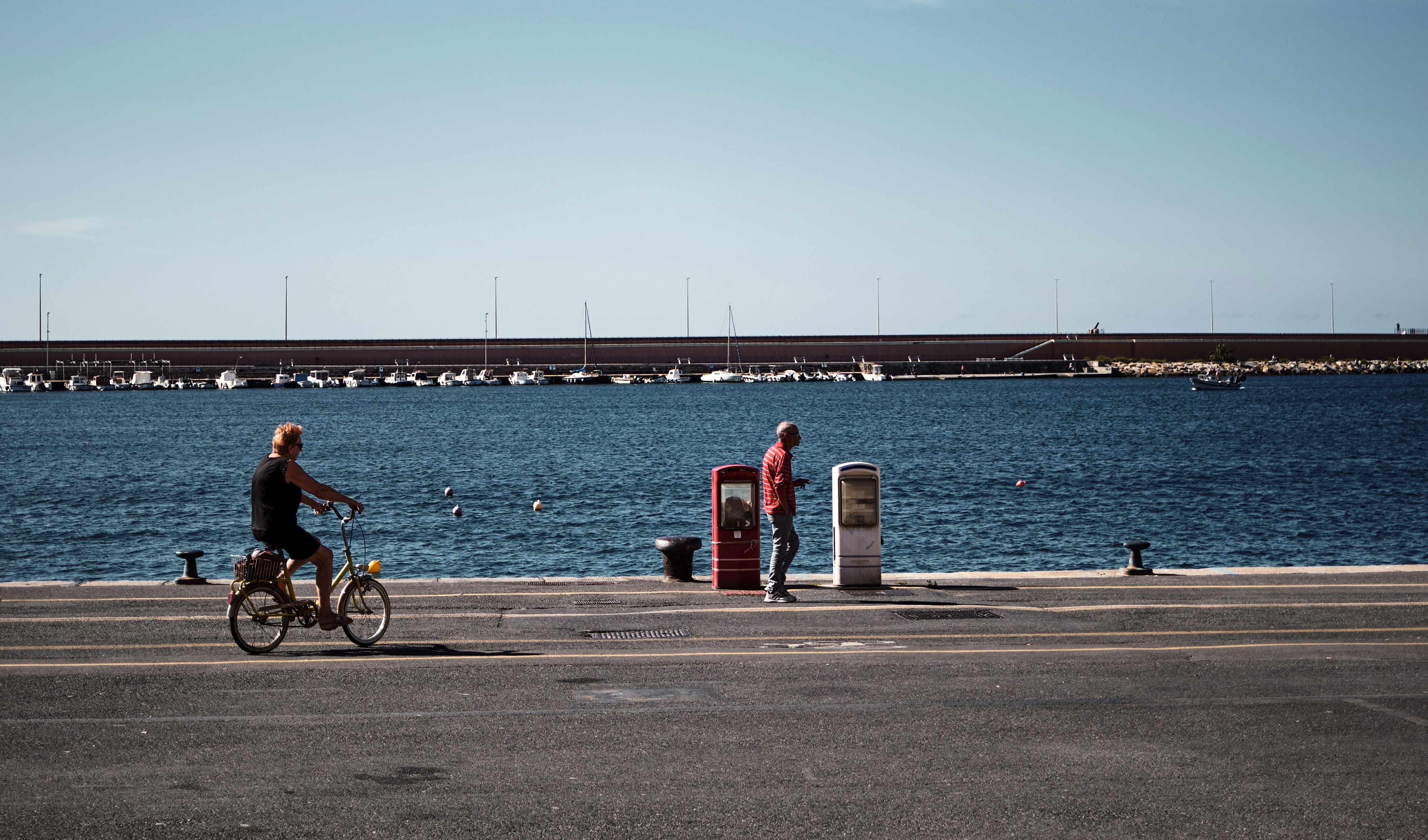 Cyclist rides along a waterfront promenade with a distant marina under a clear blue sky.