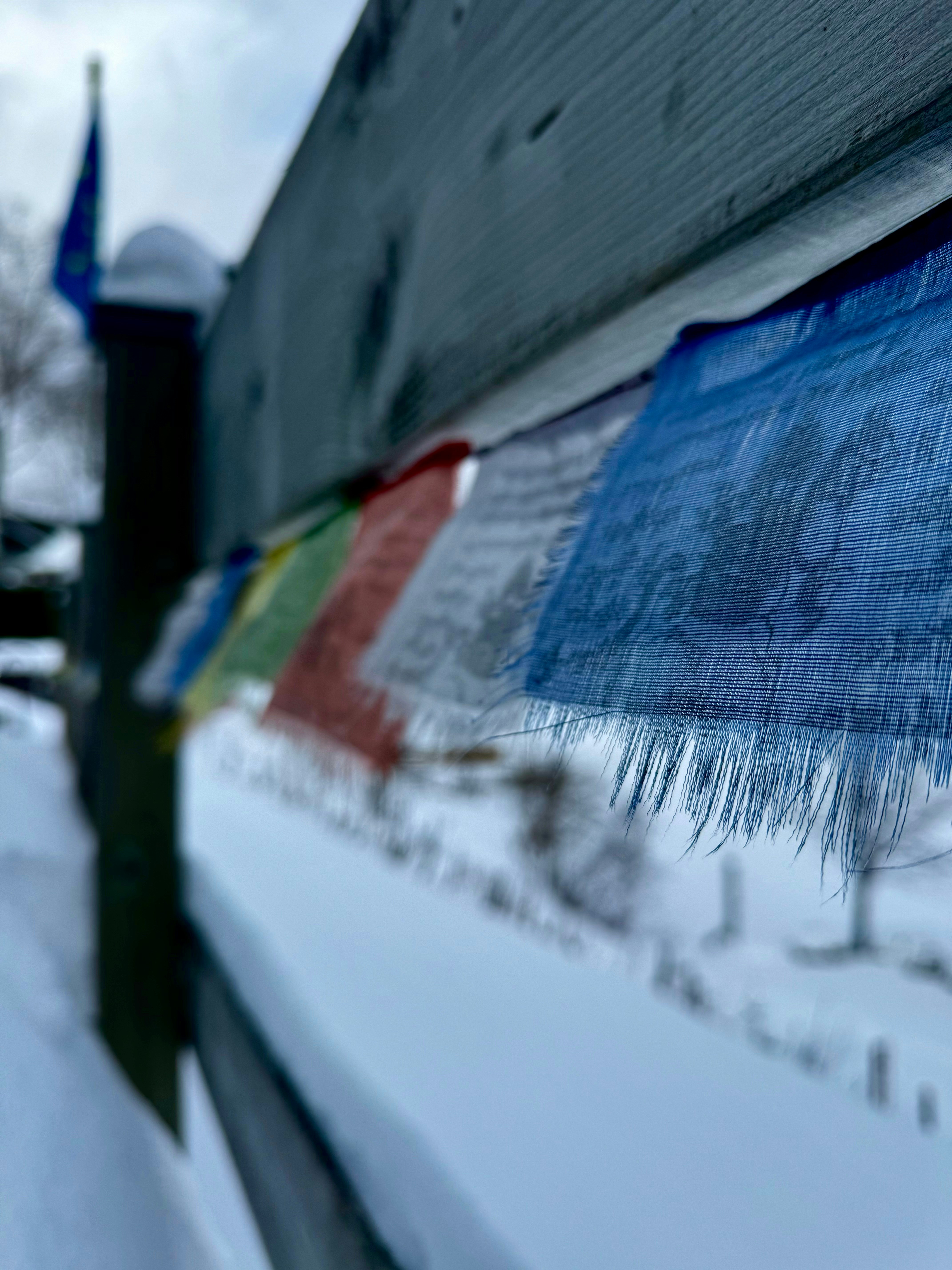 Frayed Blue Flag Threads Framing a Quiet Winter Scene