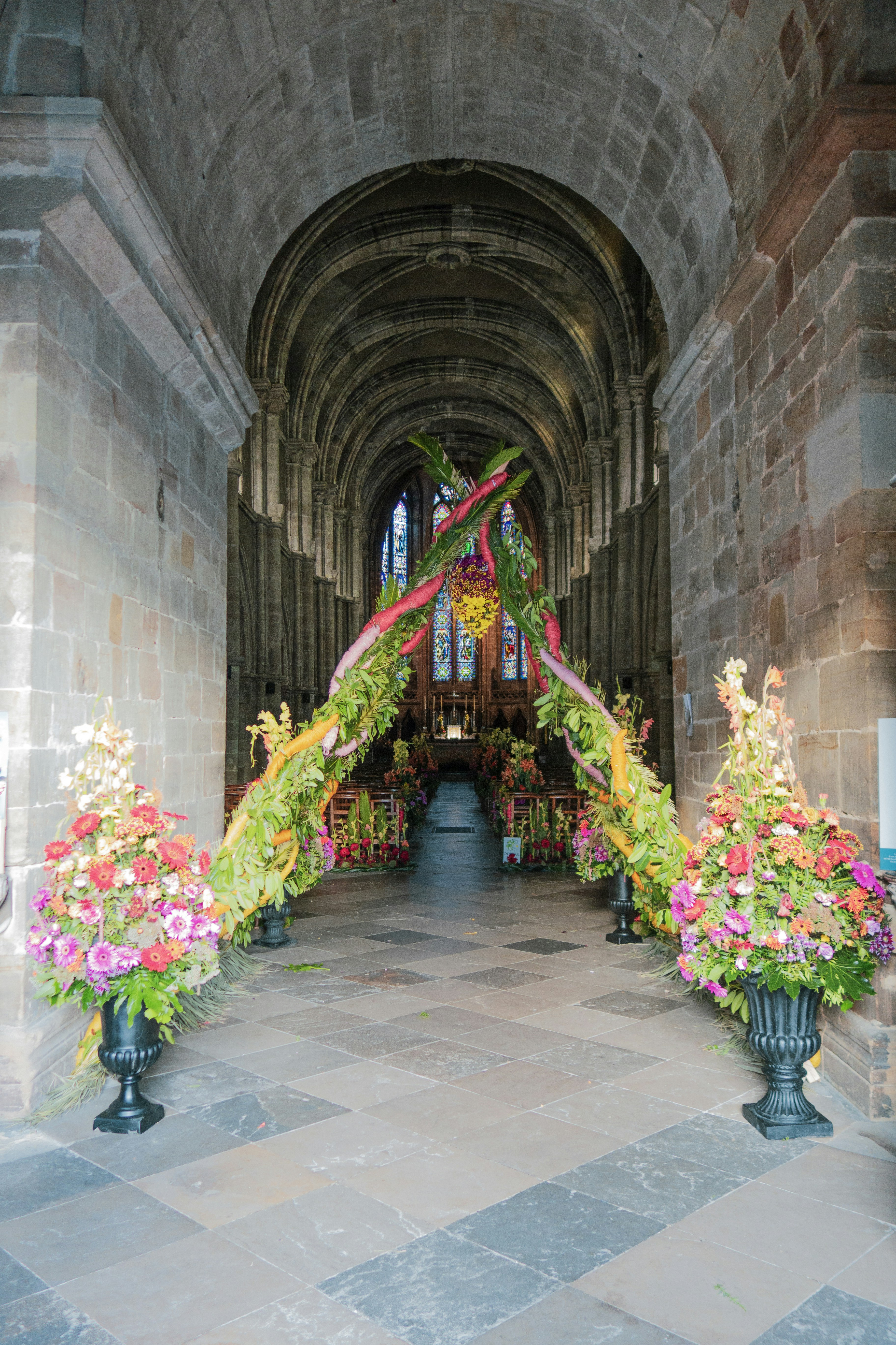 Floral Arches Framing the Gothic Nave Toward the Distant Altar
