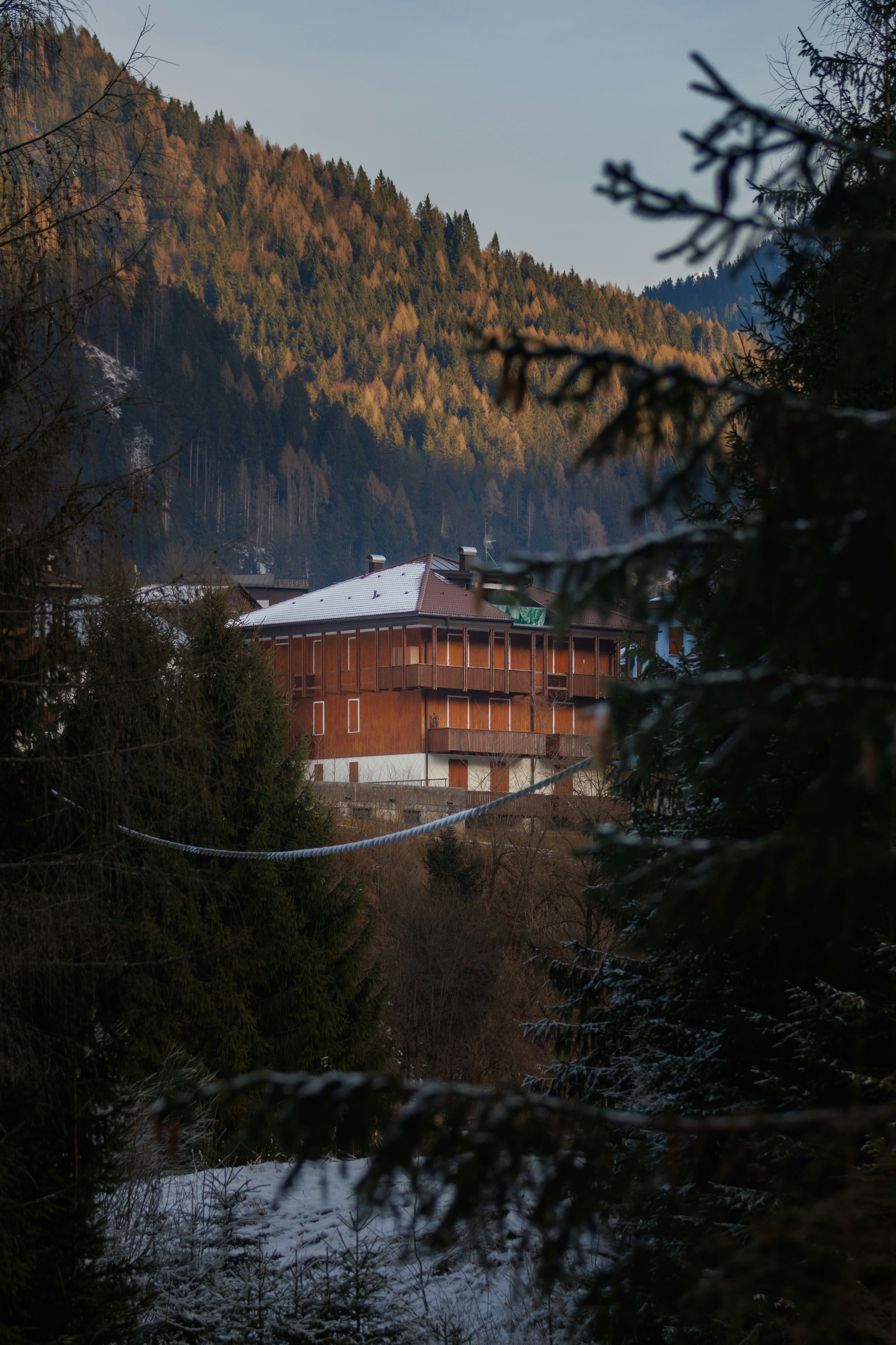 Snow-Dusted Alpine Lodge Framed by Autumn Pines