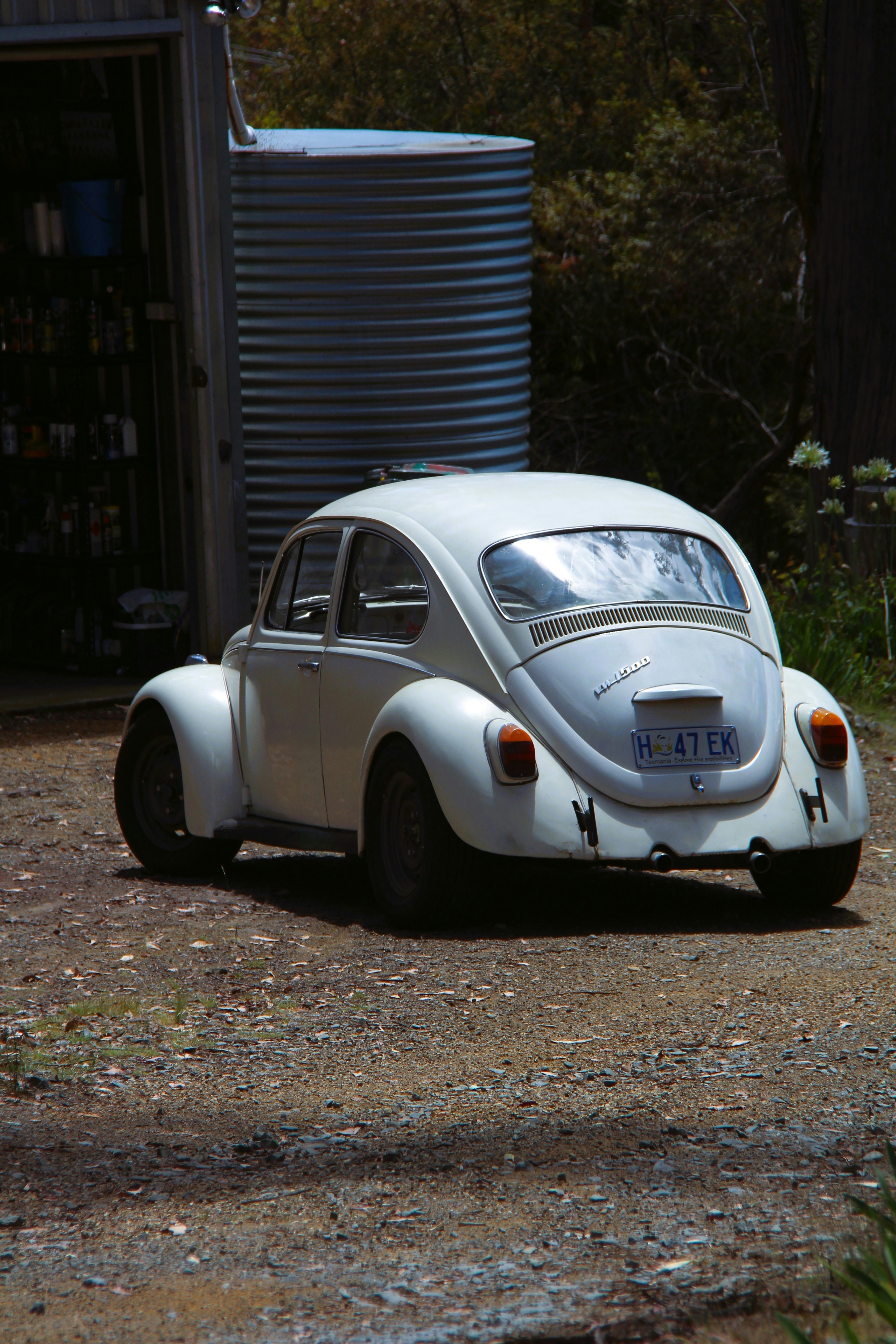 A white vw bug parked in front of a building photo – Free Machine Image ...