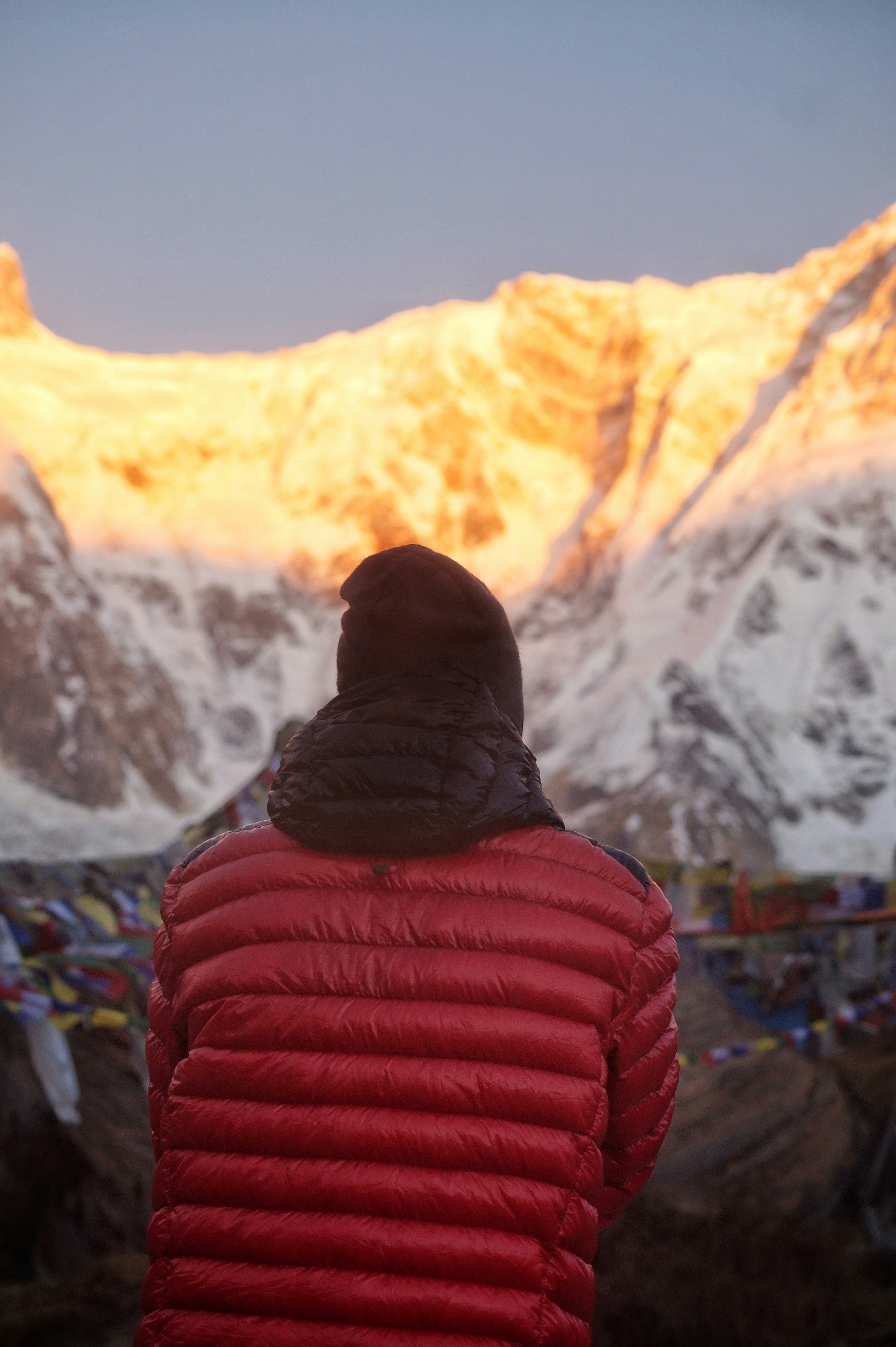 Red-Quilted Horizon: A Hiker Gazes at Alpine Dawn