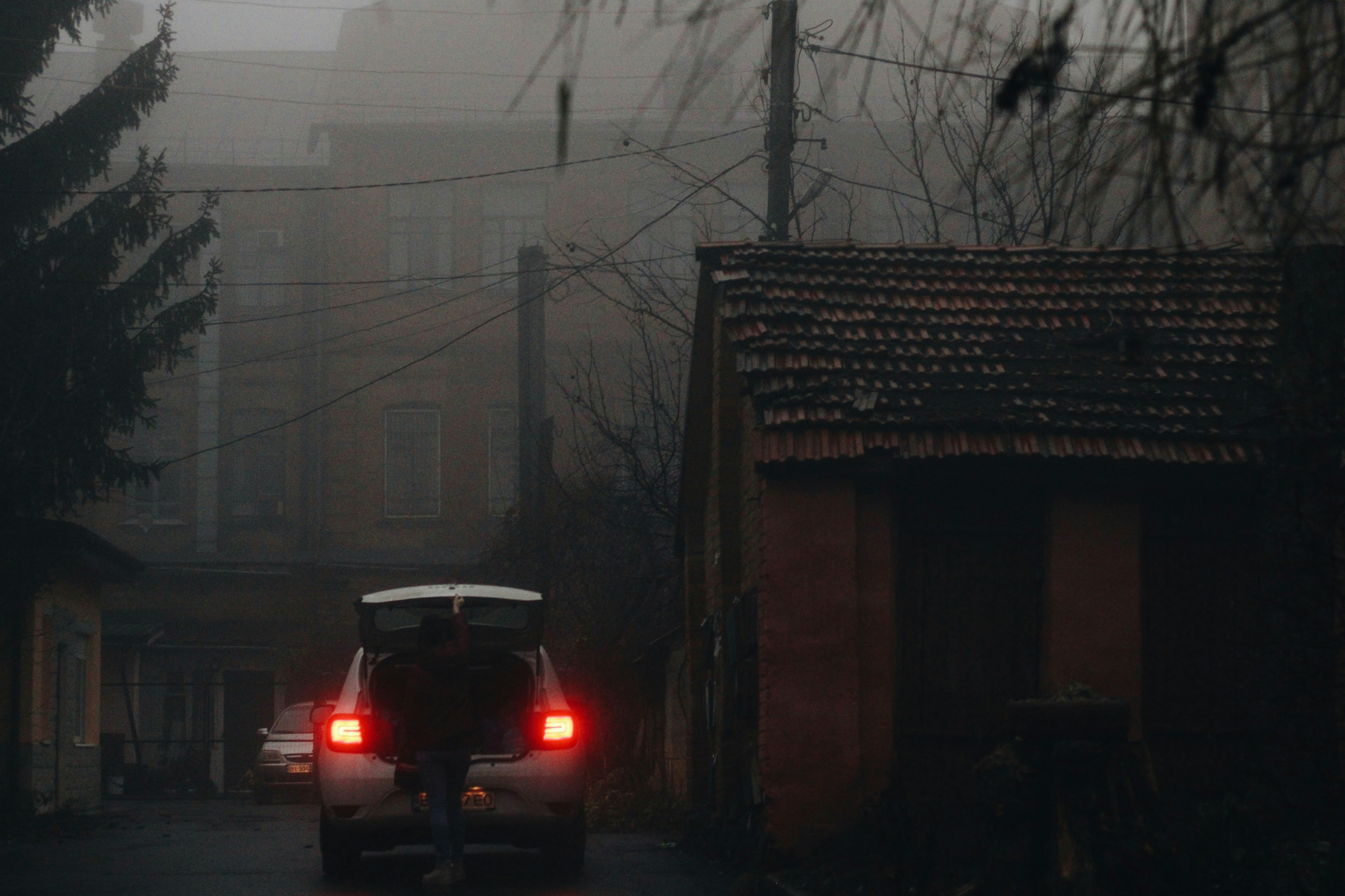 Tail Lights Through Fog: A Quiet Street Scene