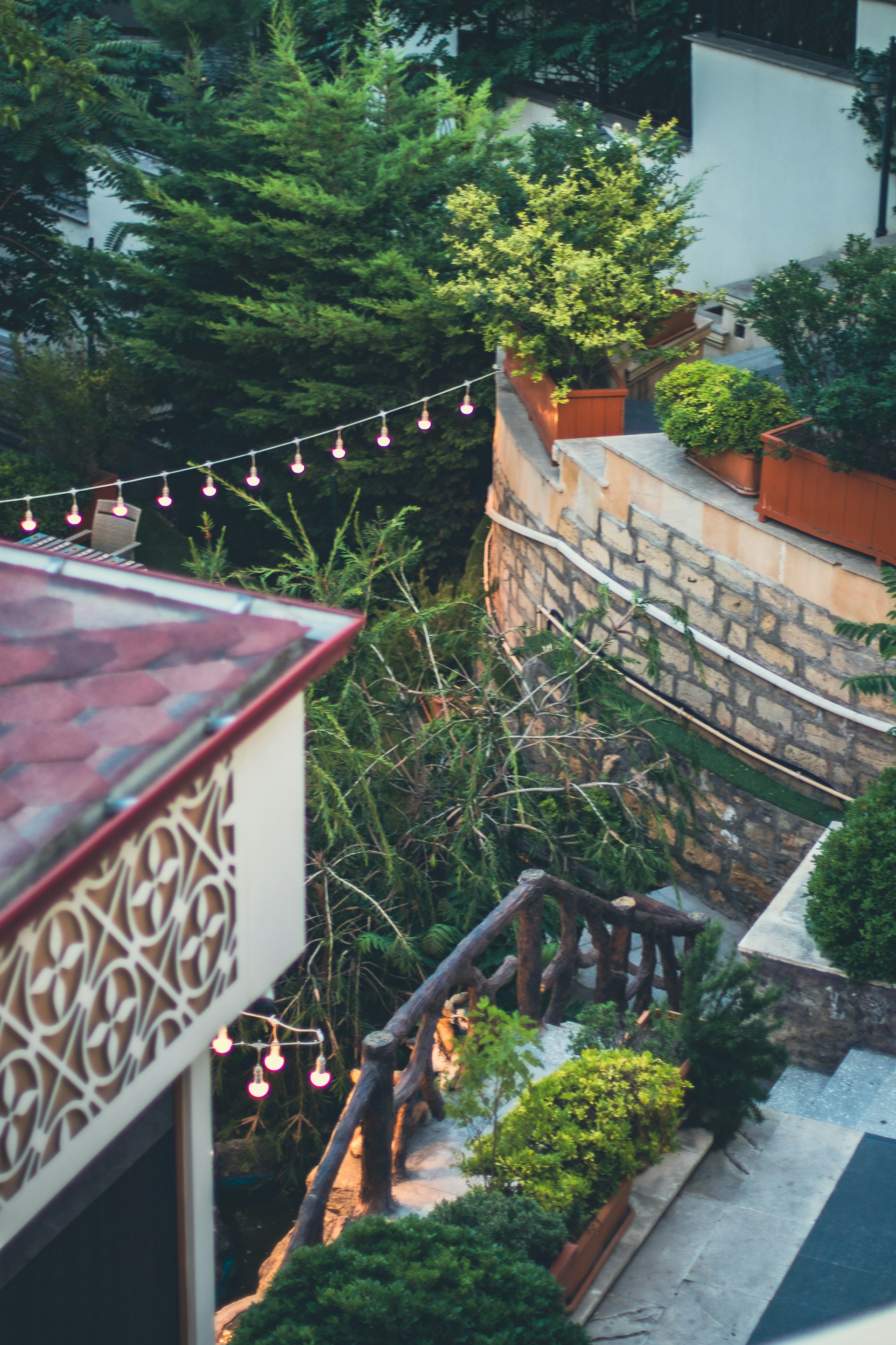Terraced Garden Staircase Under String Lights