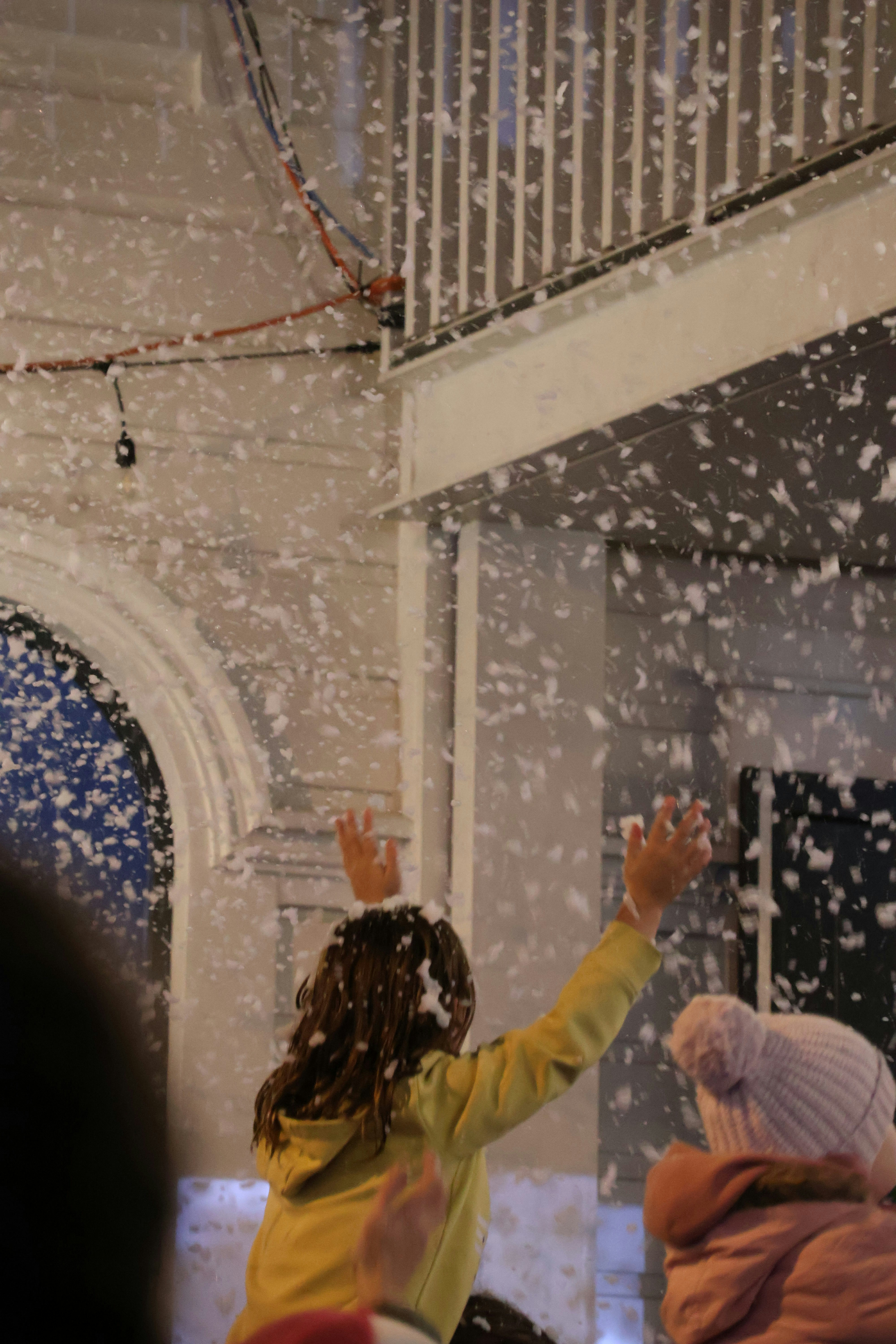 Snowfall Celebration: Hands Raised Under a Curtain of Snow