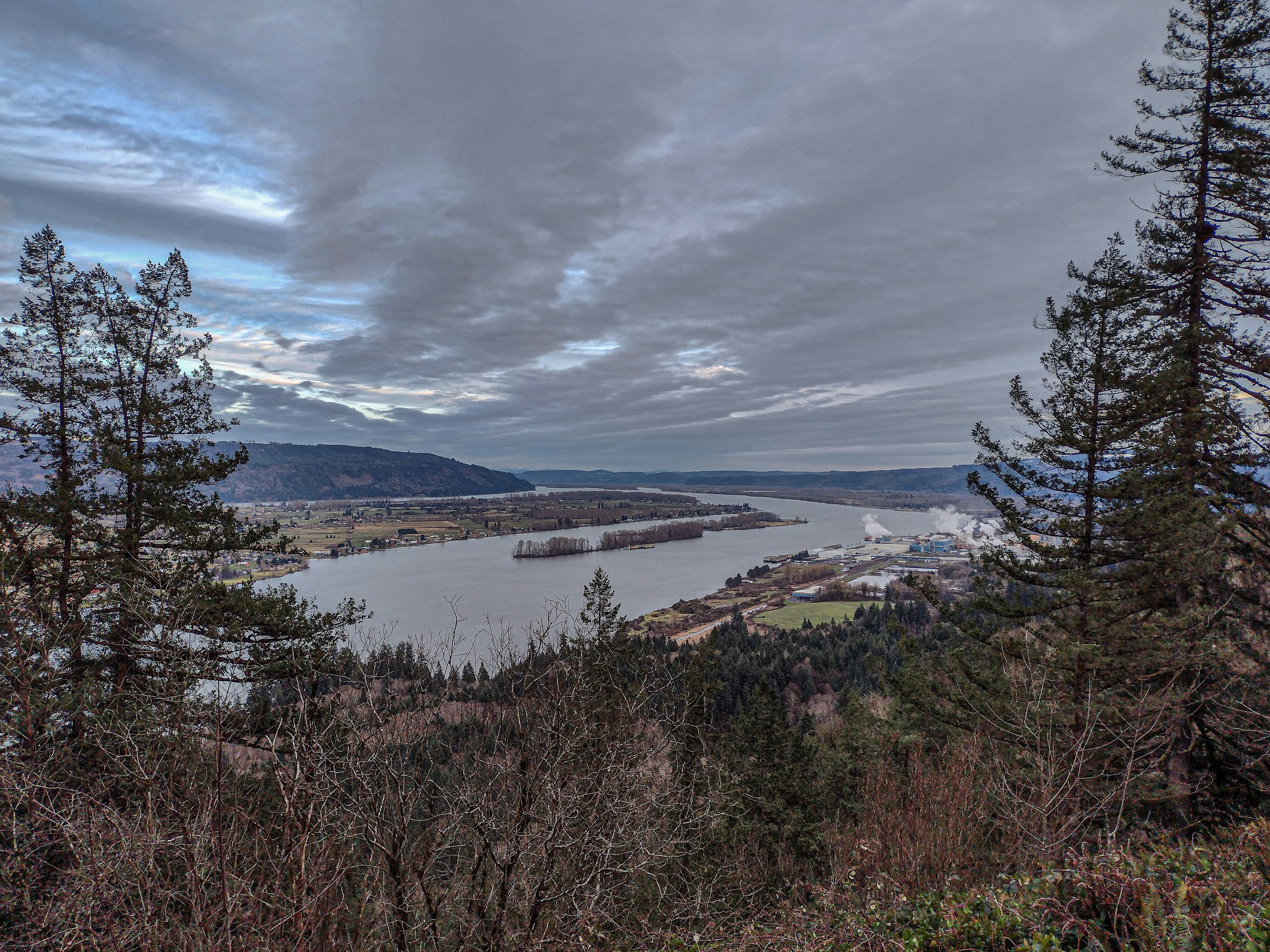 Landscape photograph showing a river winding through islands and fields, framed by foreground pines under a cloudy sky.