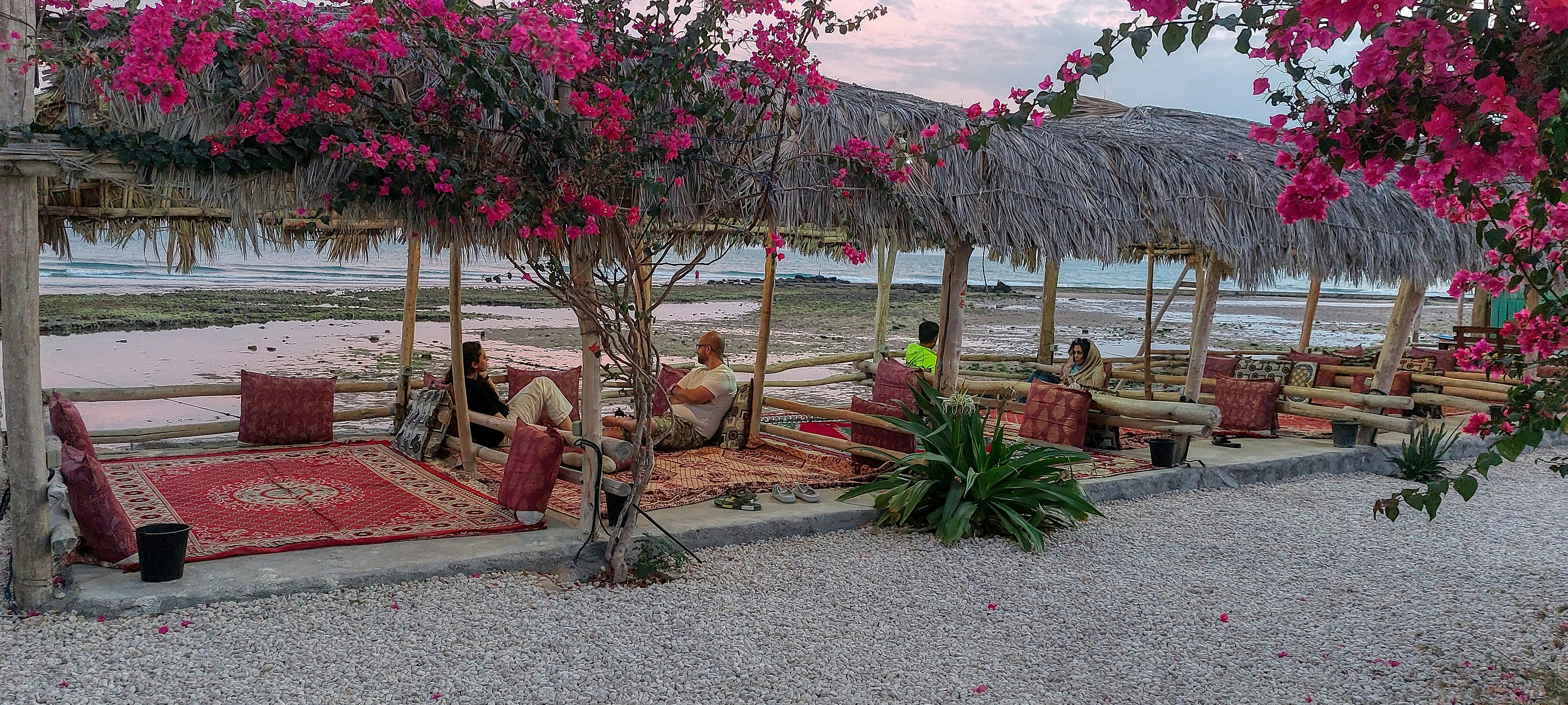 People are sitting in a cafe near the beach