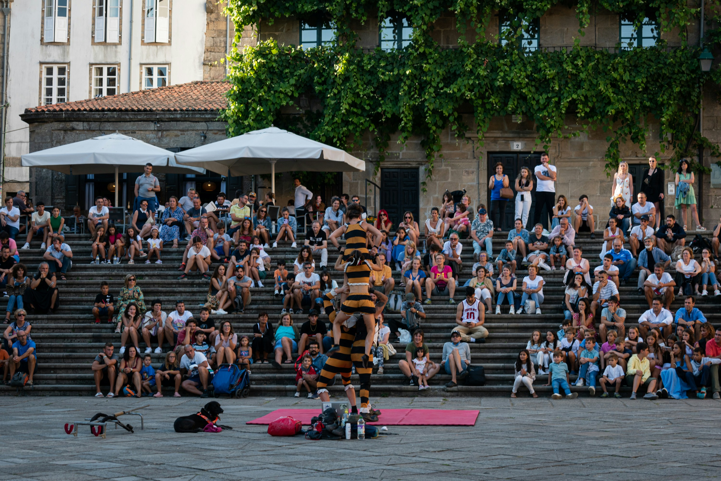 Street Lap of the Sideshow: A Living Crowd Watches a Performance Under Ivy-Covered Facades