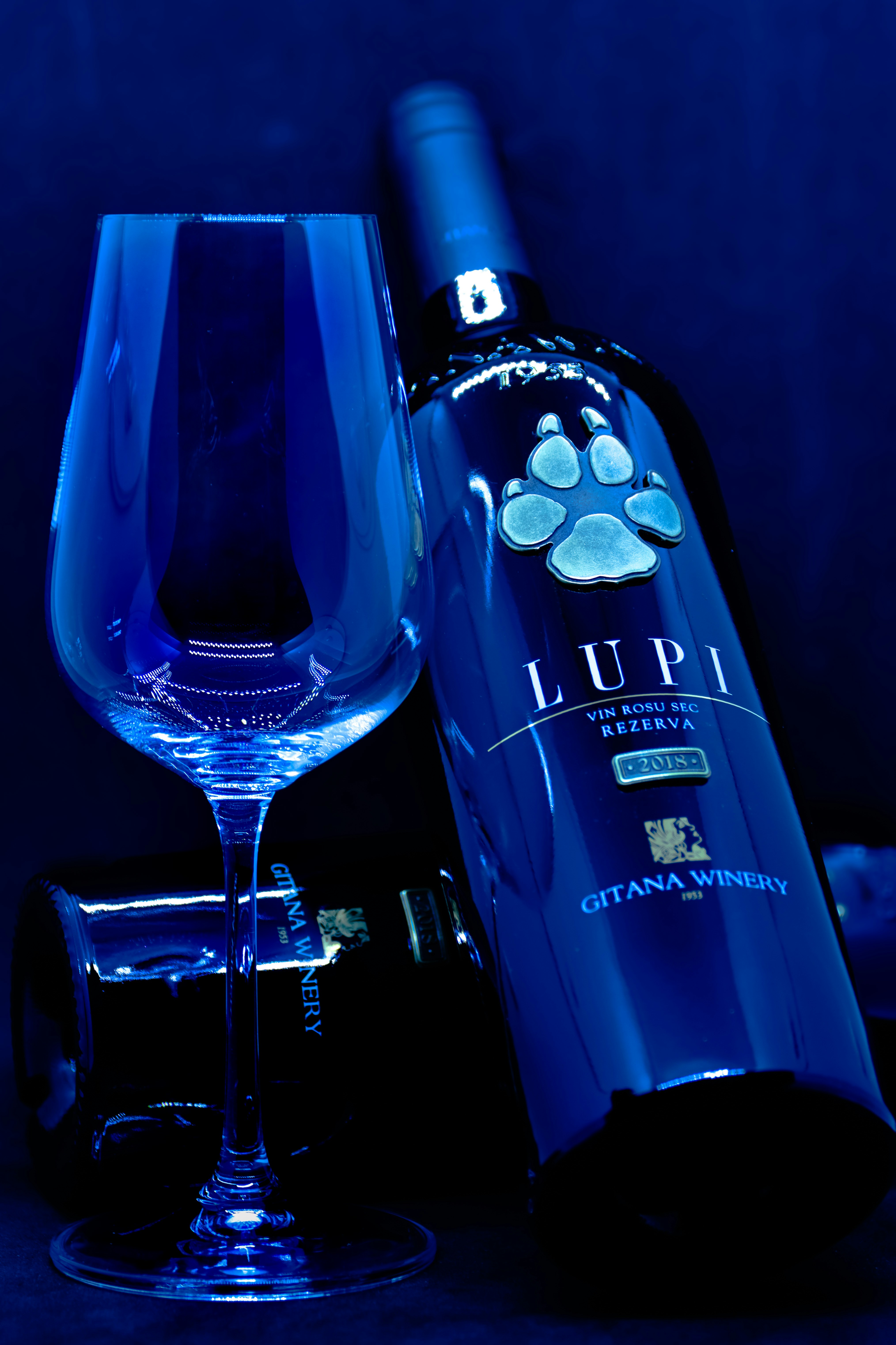 Blue Noir Still Life: Lupi Wine Bottle Reclines beside a Crystal Glass