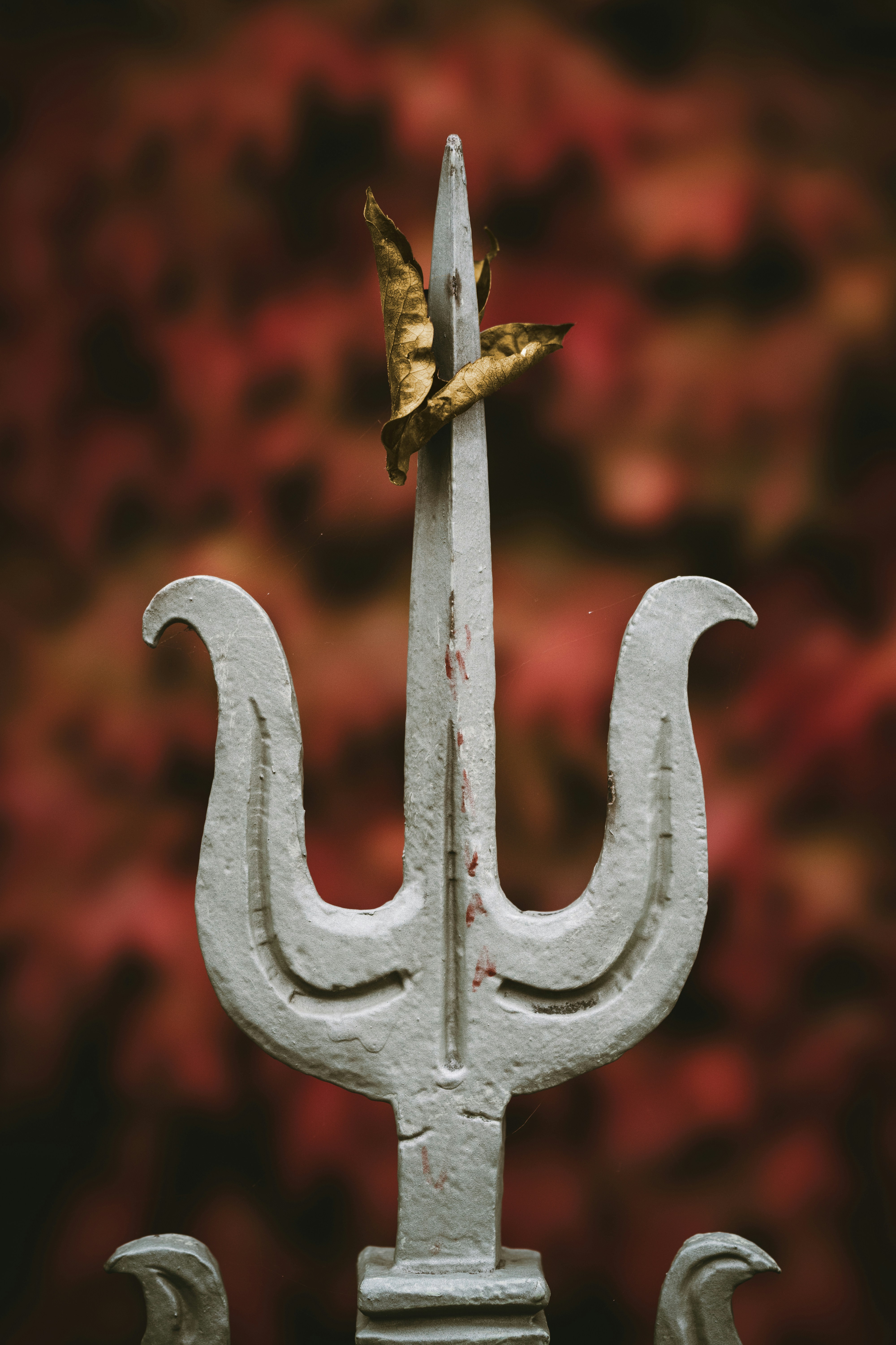 Autumn Leaf Claimed by a Weathered Trident in Velvet Red Bokeh