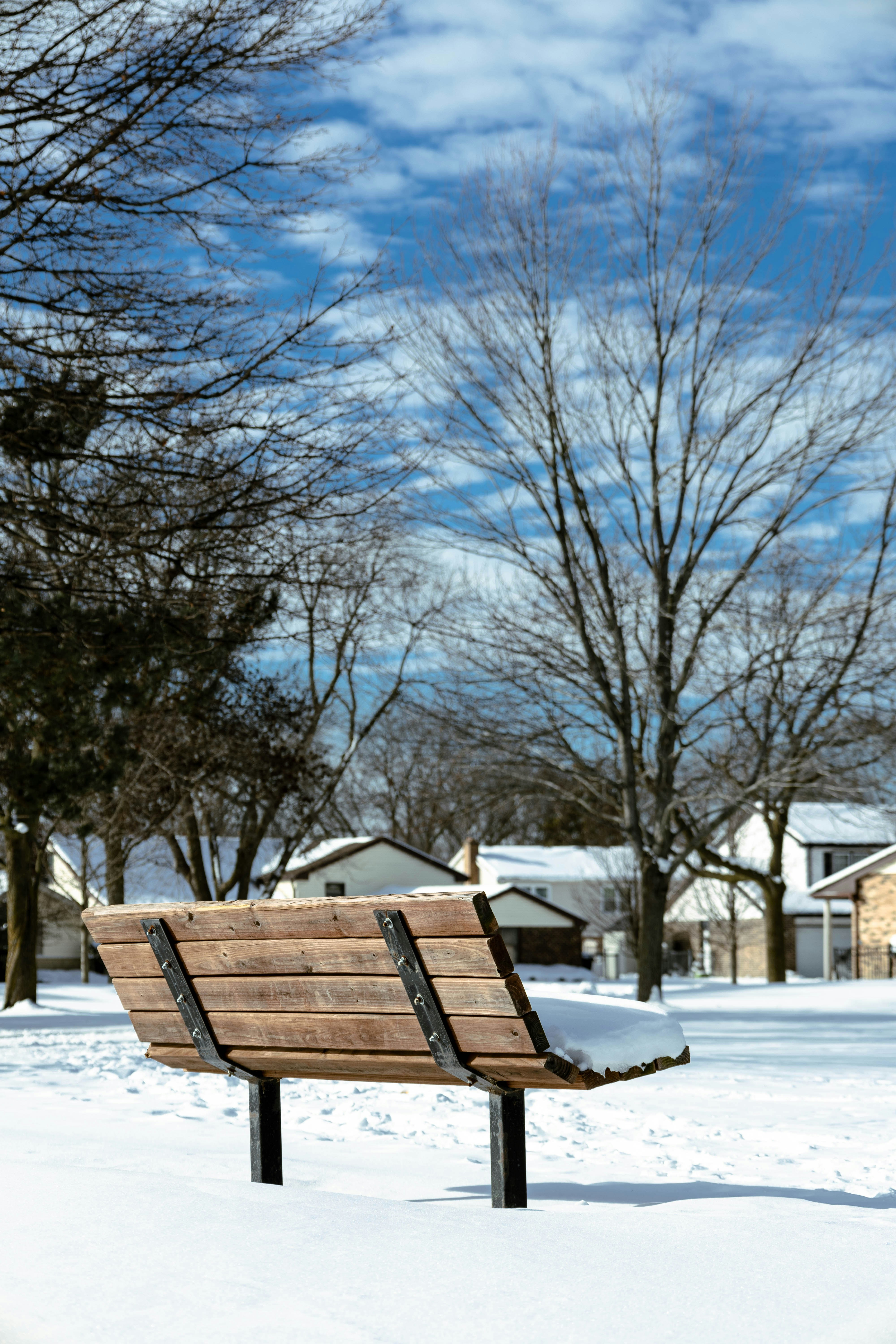 A wooden bench sitting in the middle of a snow covered park photo ...