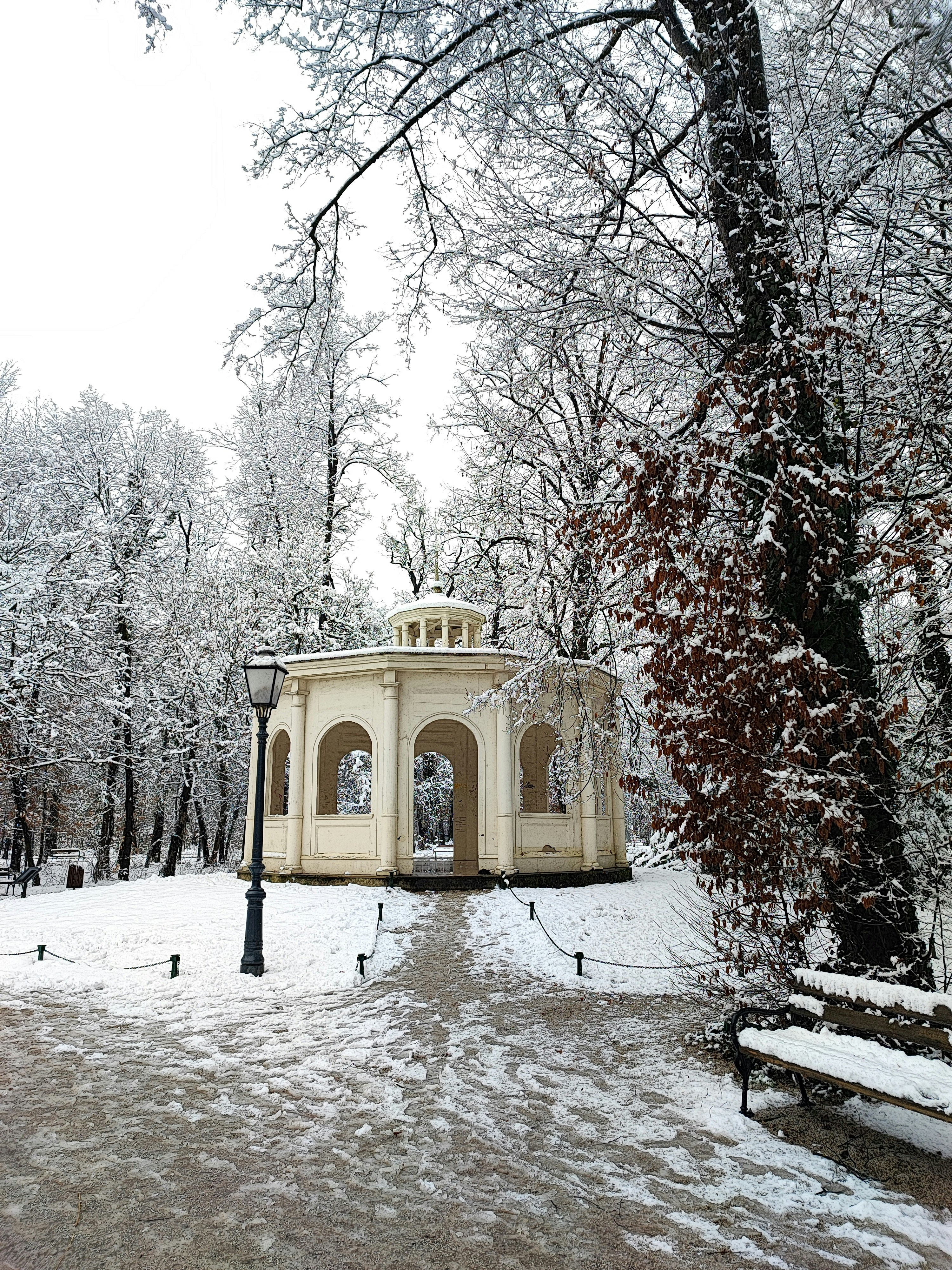 Pavilion nestled in a snowy forest with surrounding trees laden in white.