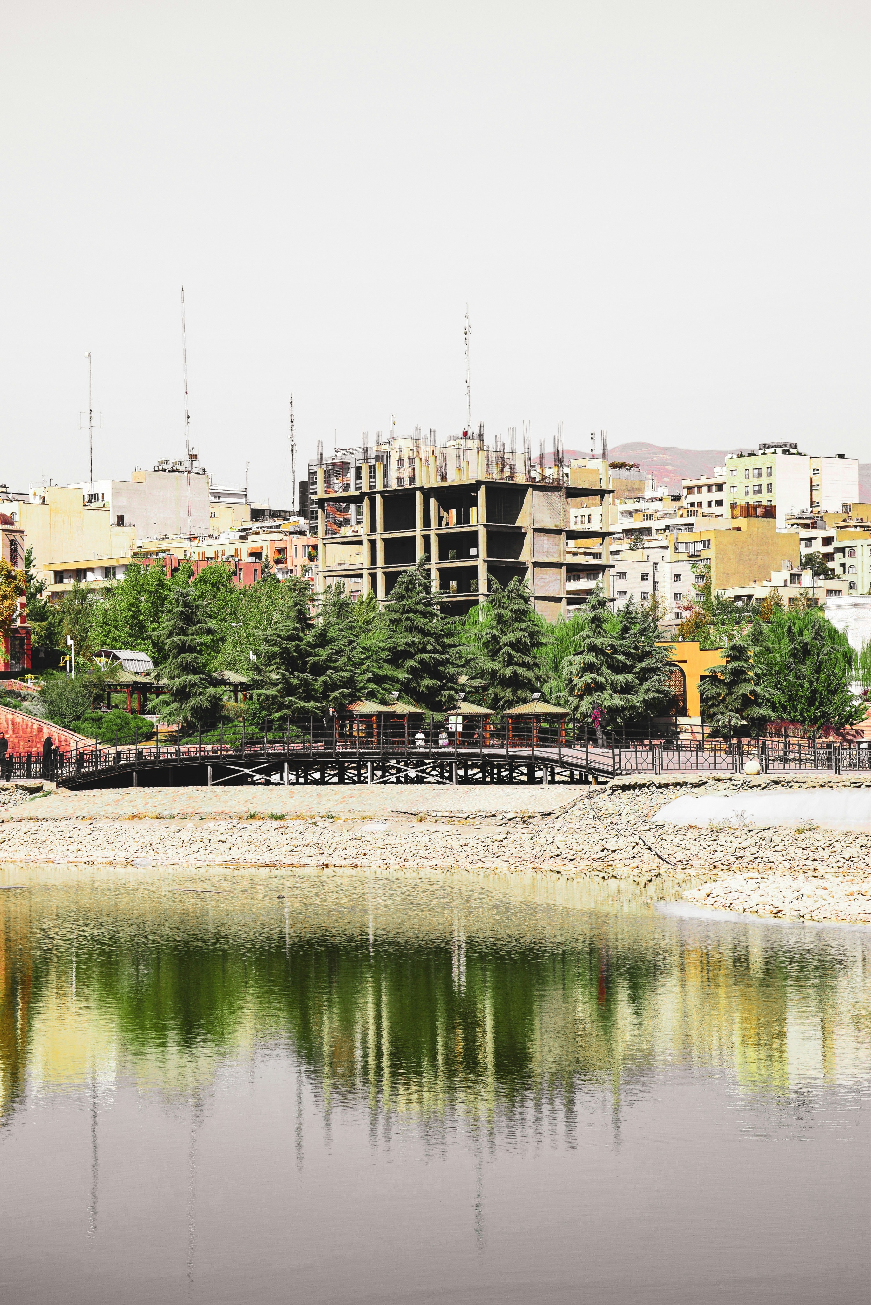 Concrete Skeleton by the Riverside: A Cityscape Framed by Greenery and Water