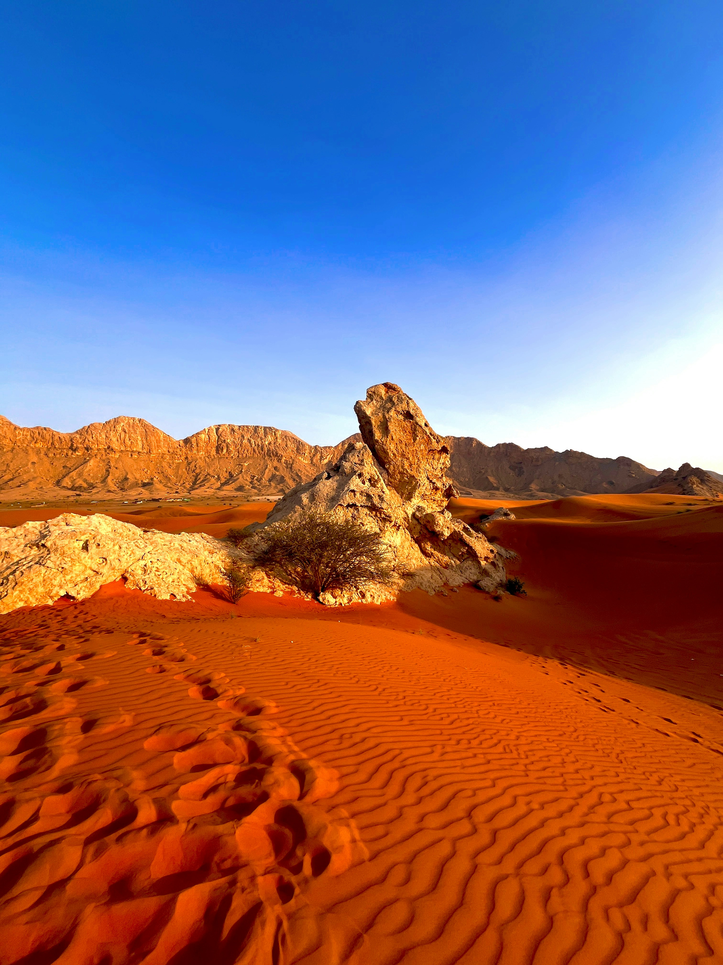 Ember Sentinel: Lone Rock Among Red Dunes Beneath a Clear Desert Sky
