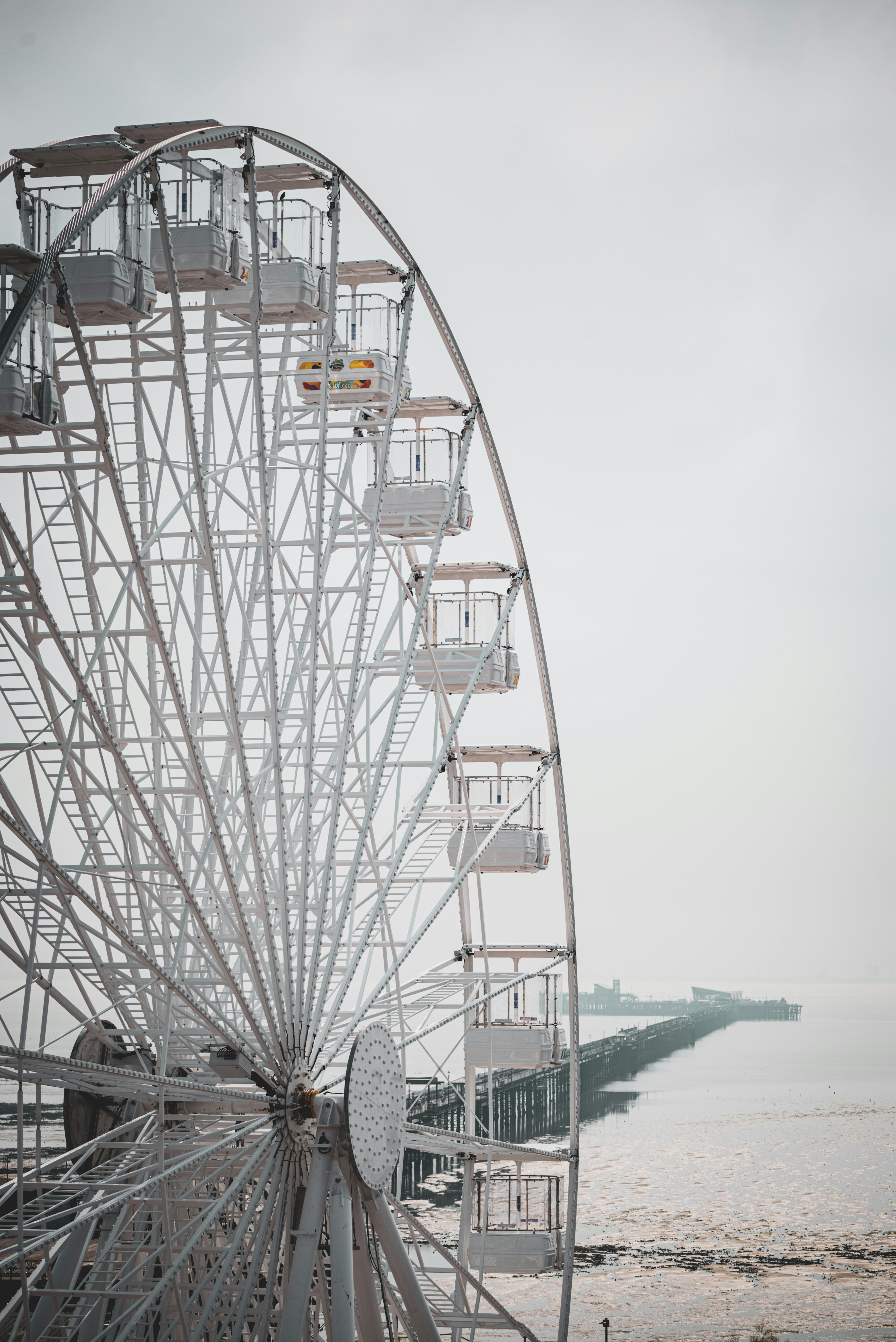 Giant ferris wheel at the edge of a misty shoreline