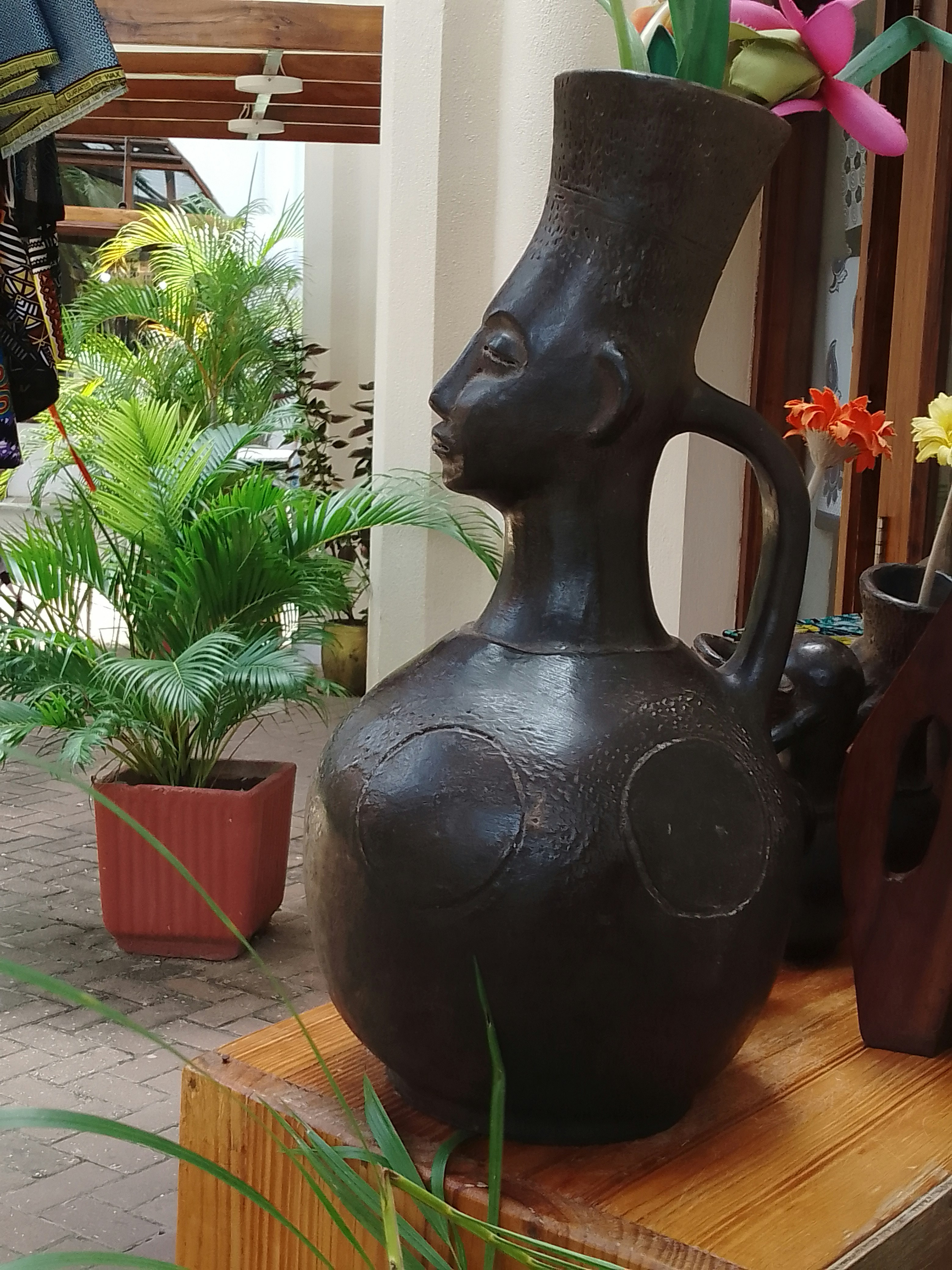 Portrait Vessel in Sunlit Corner: A Tall-Necked Black Ceramic Jug