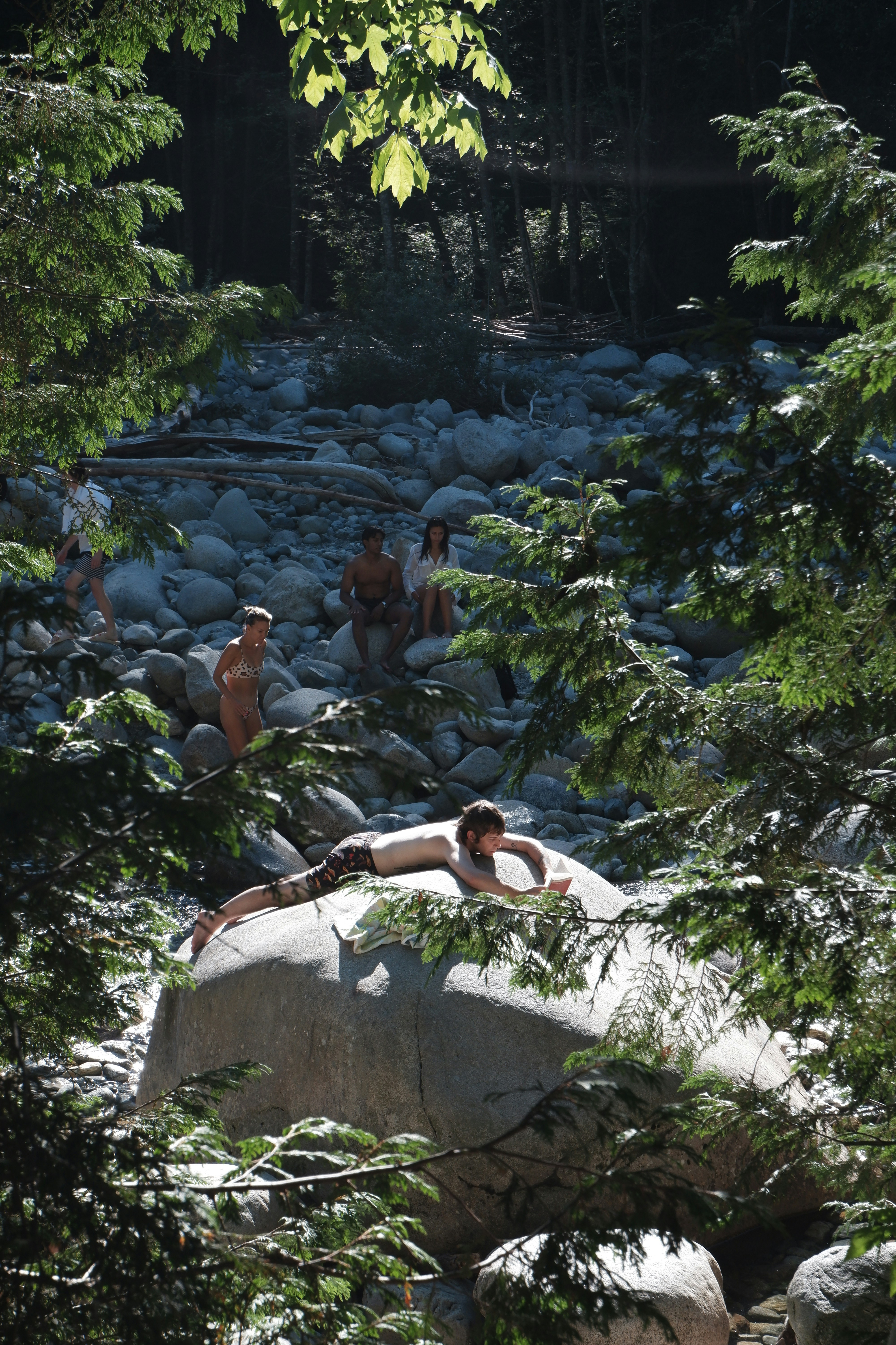 Sunlit Rock Acrobat in a Forest River Clearing