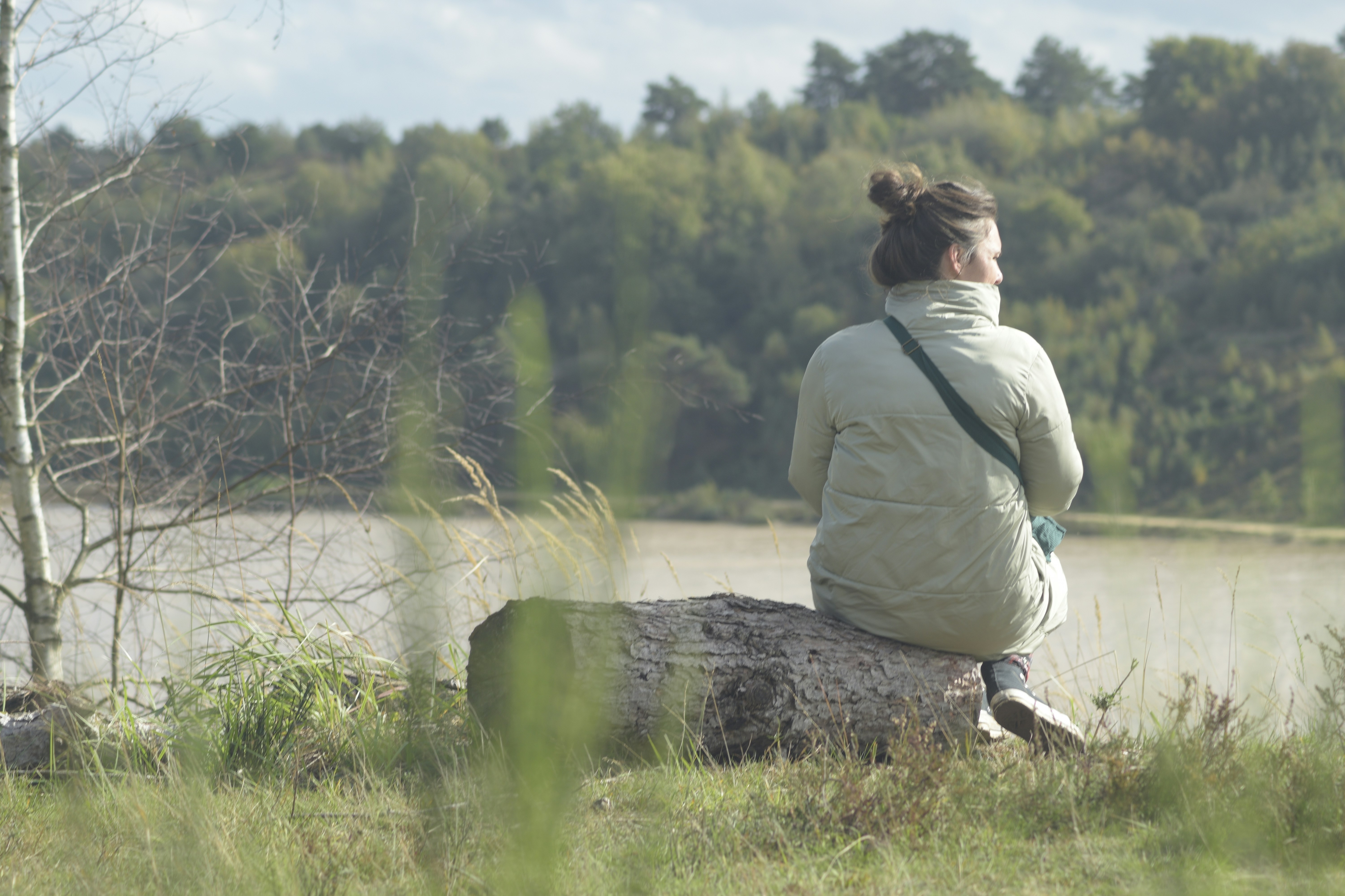 Person sitting on a tree stump overlooking a lake with lush greenery in the background.