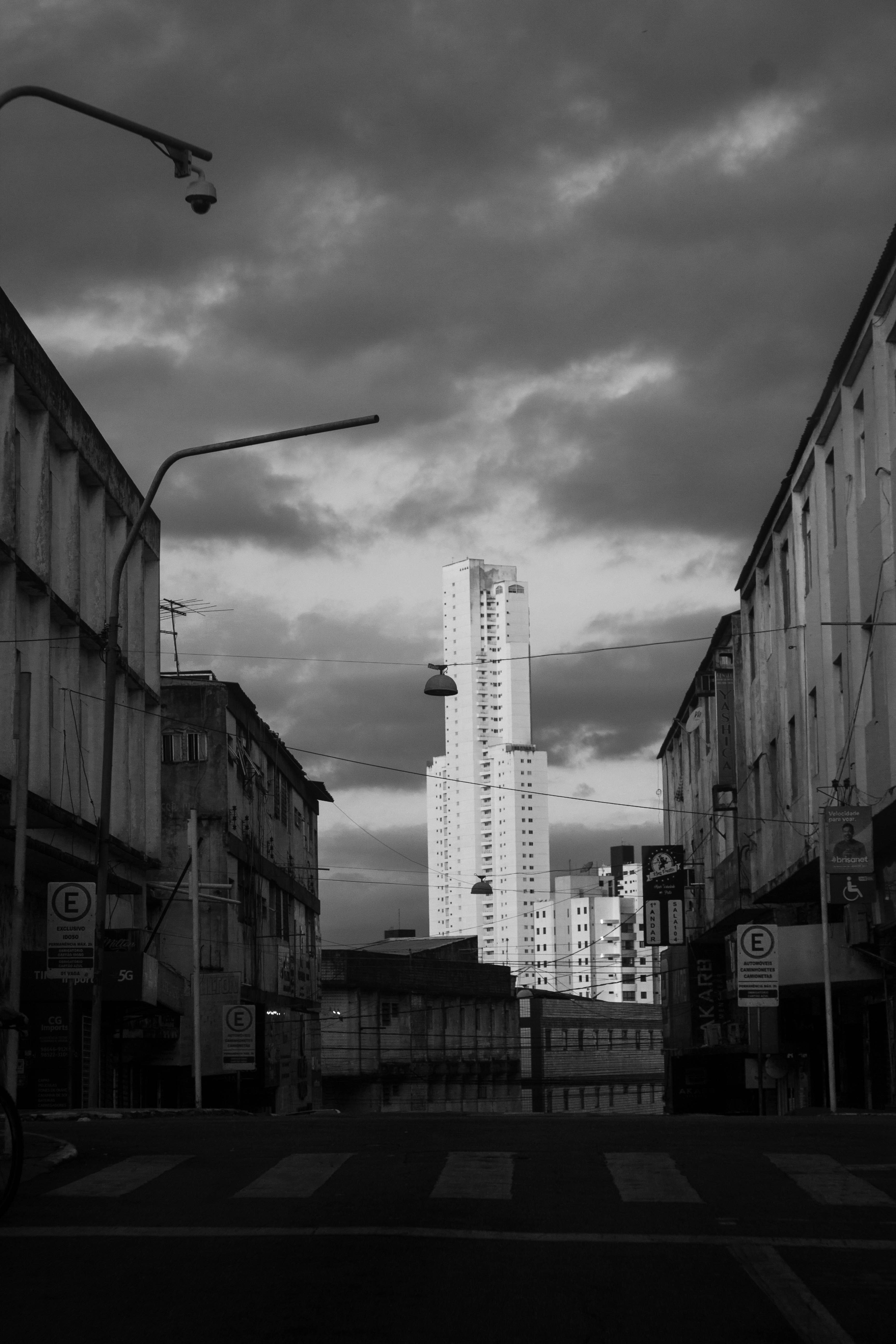 Towering Cityline rising above a quiet urban canyon