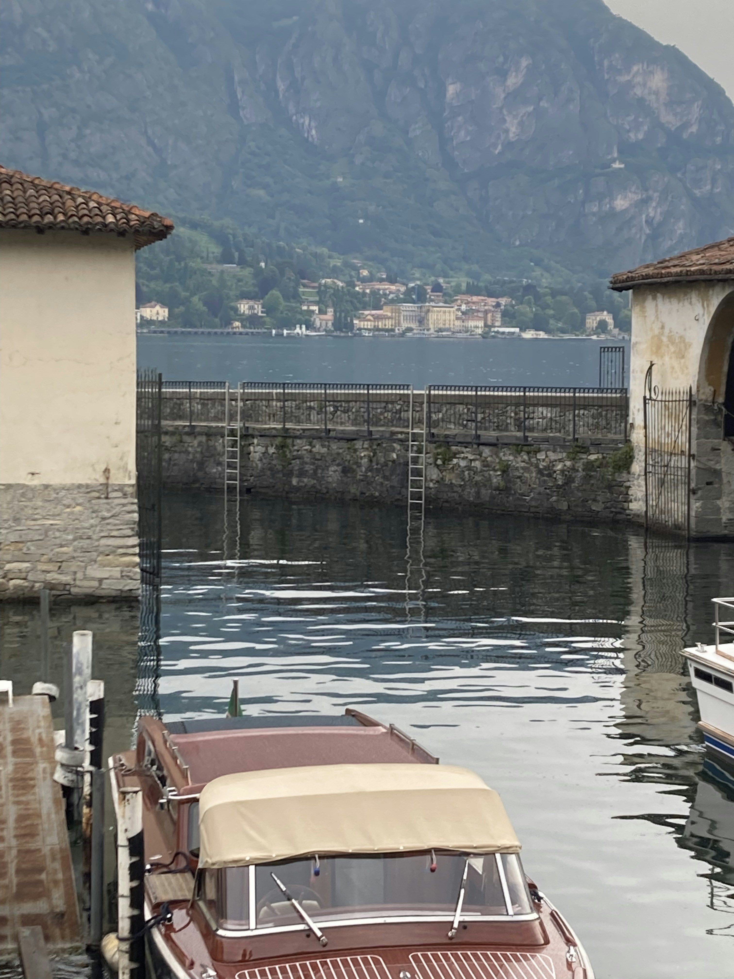 Harbor Boats at Lakefront with Mountain Backdrop