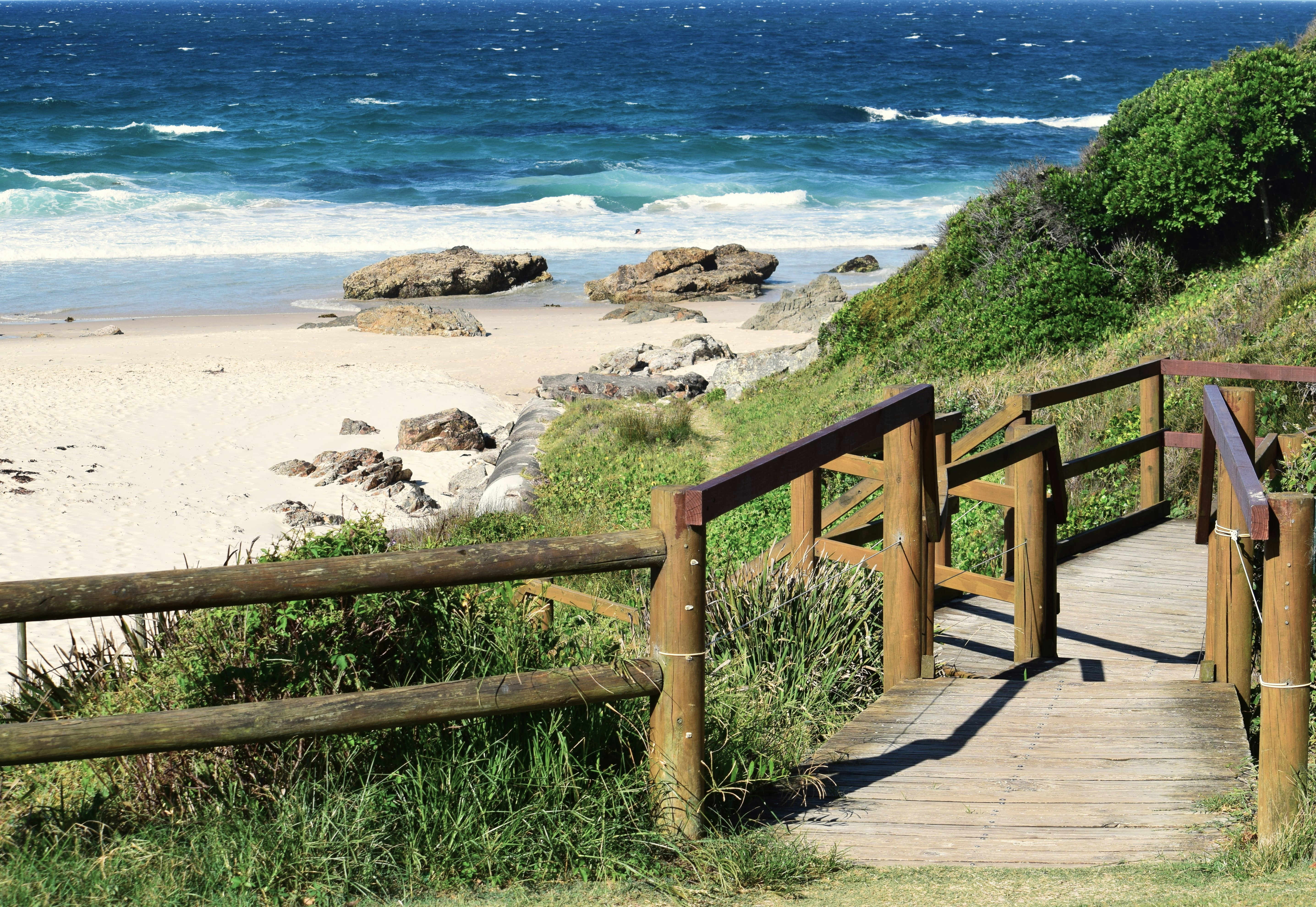 Rails to the Tide: A Sunlit Coastal Boardwalk Framing the Sea