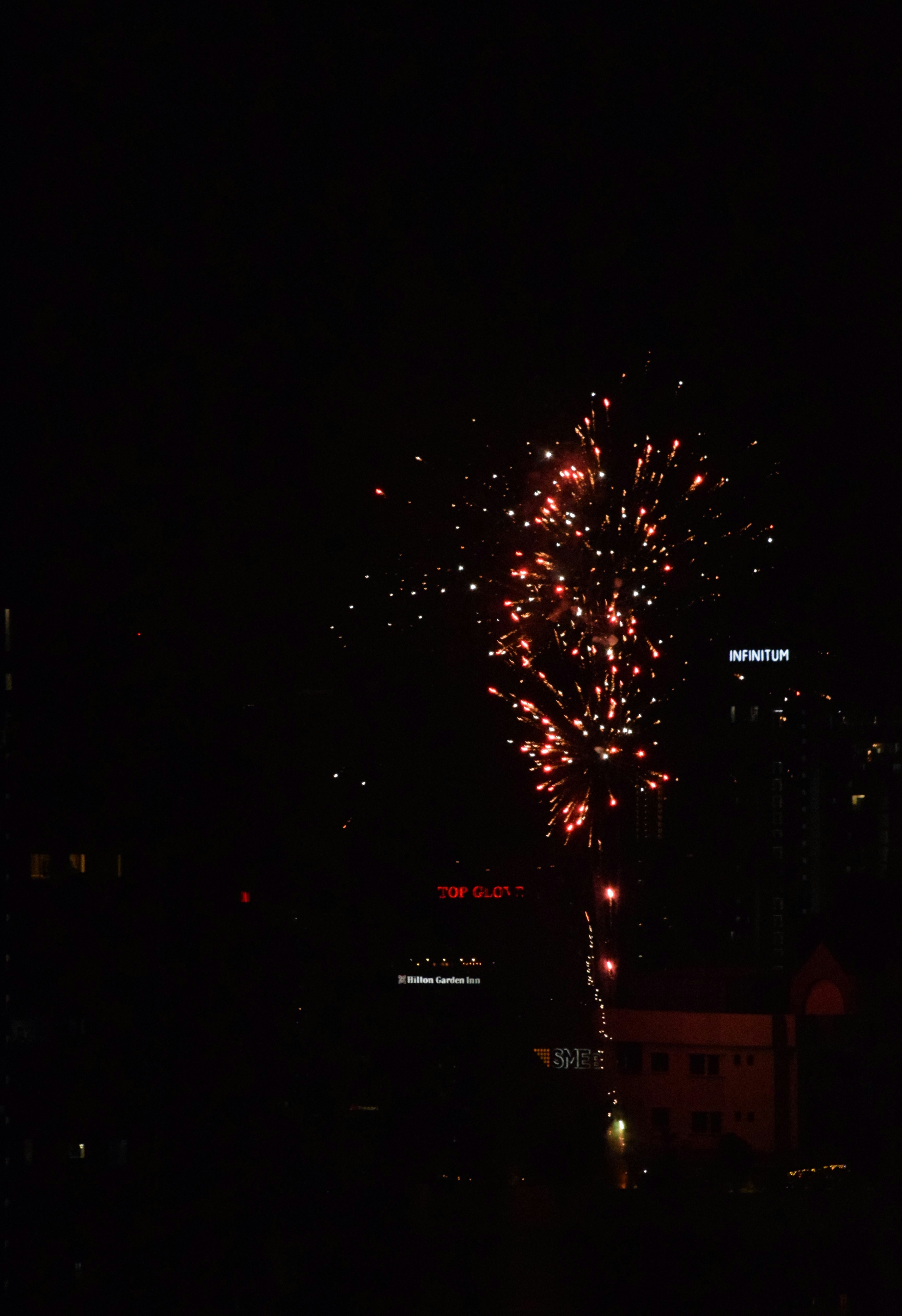 Skyward Sparks Over a Quiet City Skyline