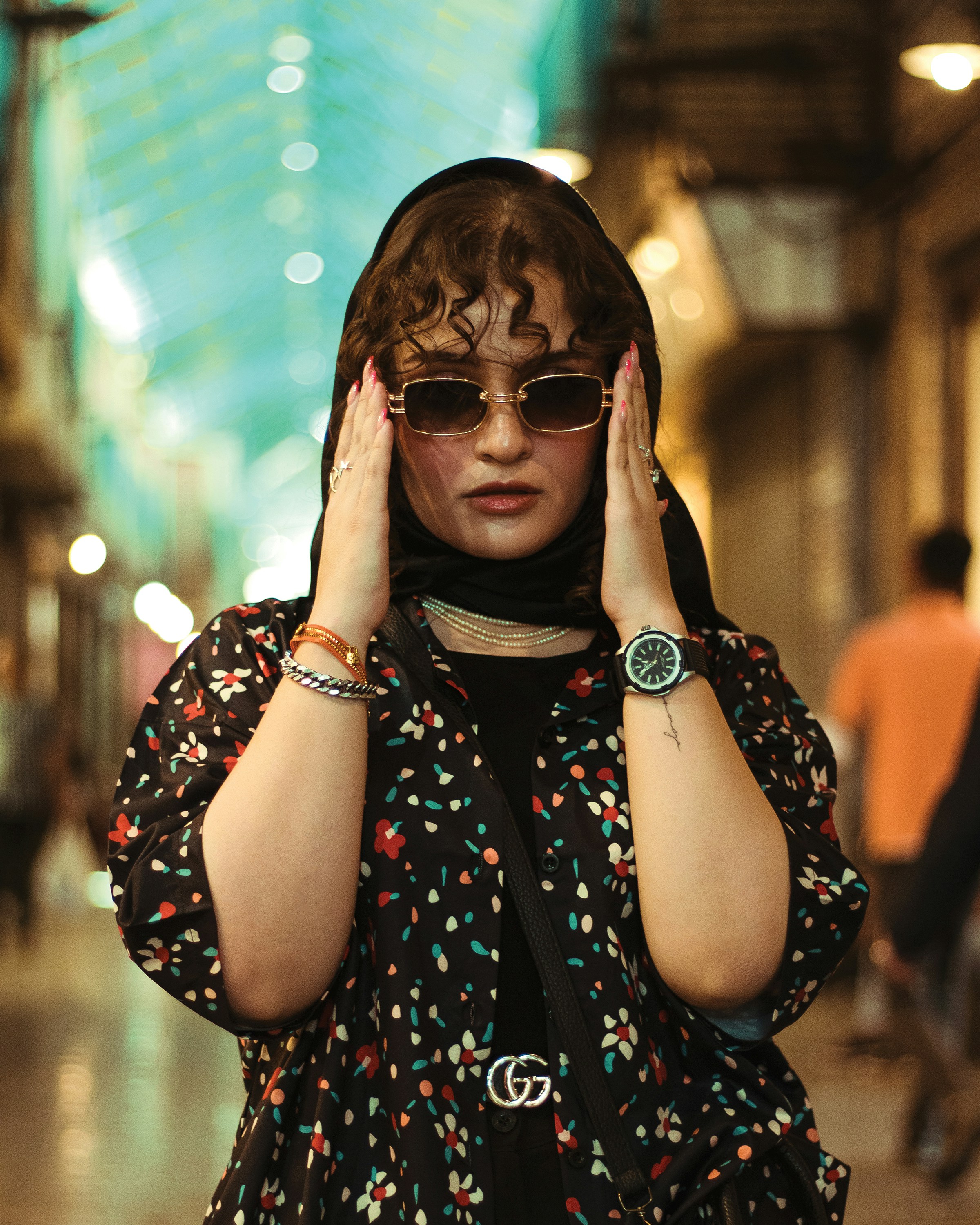 Neon Veil: Street-Style Portrait in a Neon Night Alley